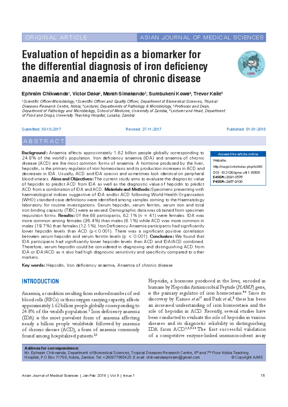 Evaluation of Hepcidin as a Biomarker for IDA and ACD Diagnosis - Studocu