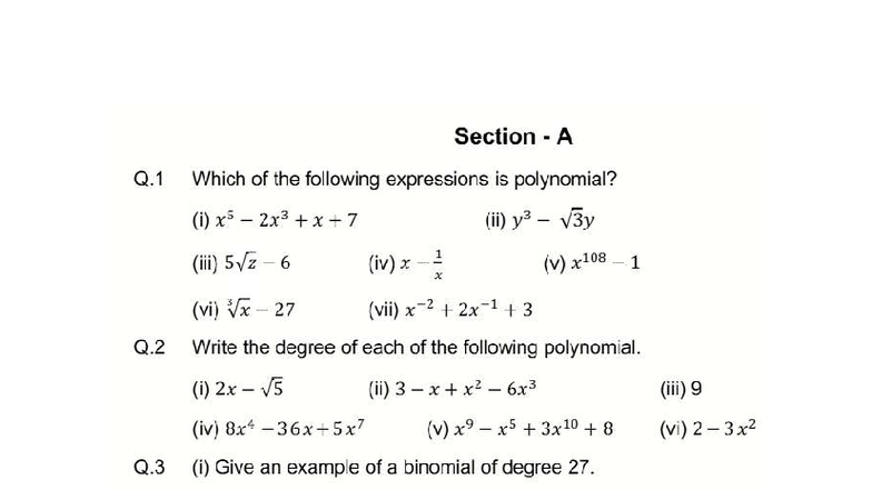 Polynomials Class 9 - Assignment Questions and Solutions - Studocu