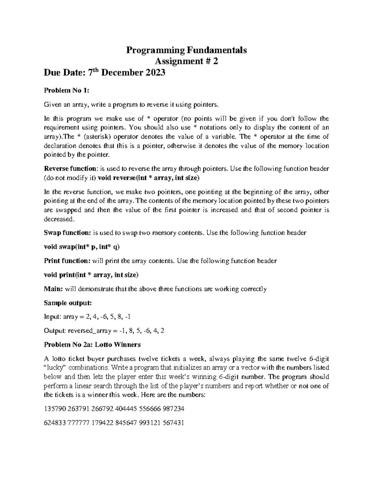 Programming Fundamentals Assignment 2: Pointers & Lotto Winners - Studocu
