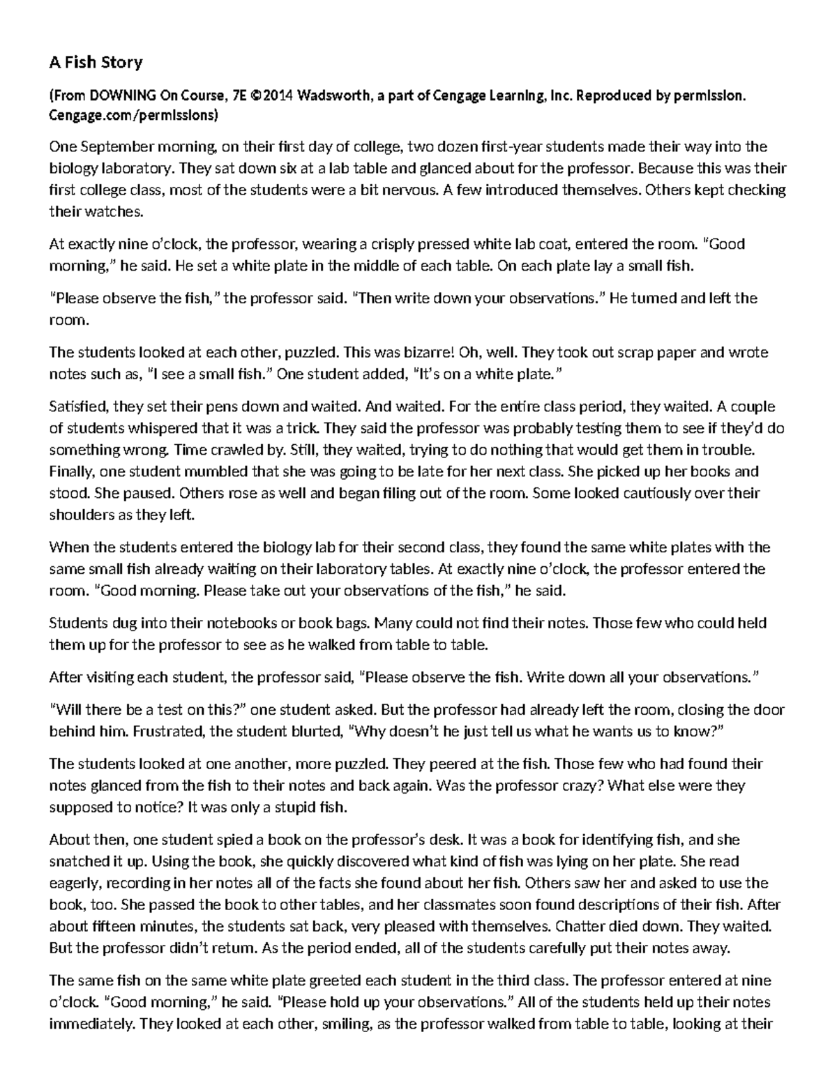 Biology 101: Observational Skills Through 'A Fish Story' Exercise - Studocu