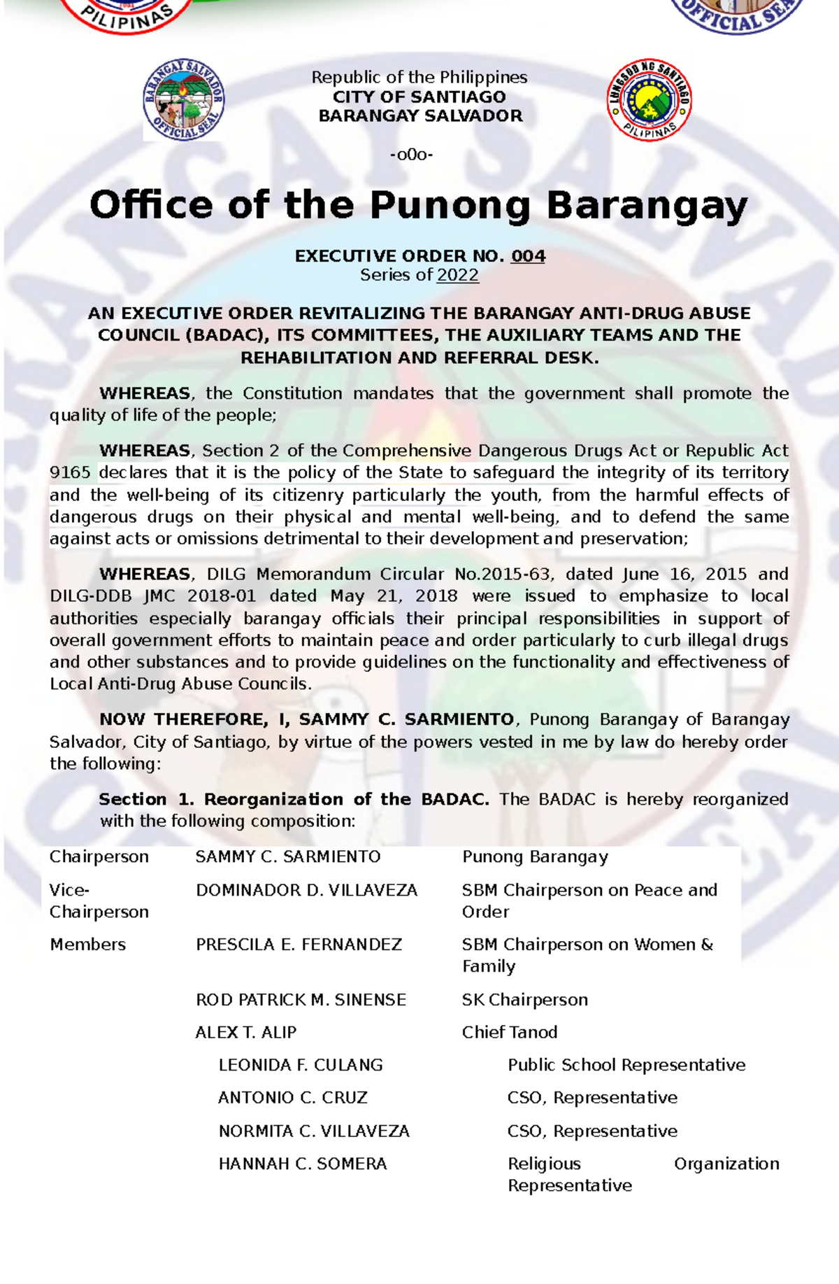 Executive Order No. 004 s. 2022: Revitalizing BADAC for Drug Clearing ...