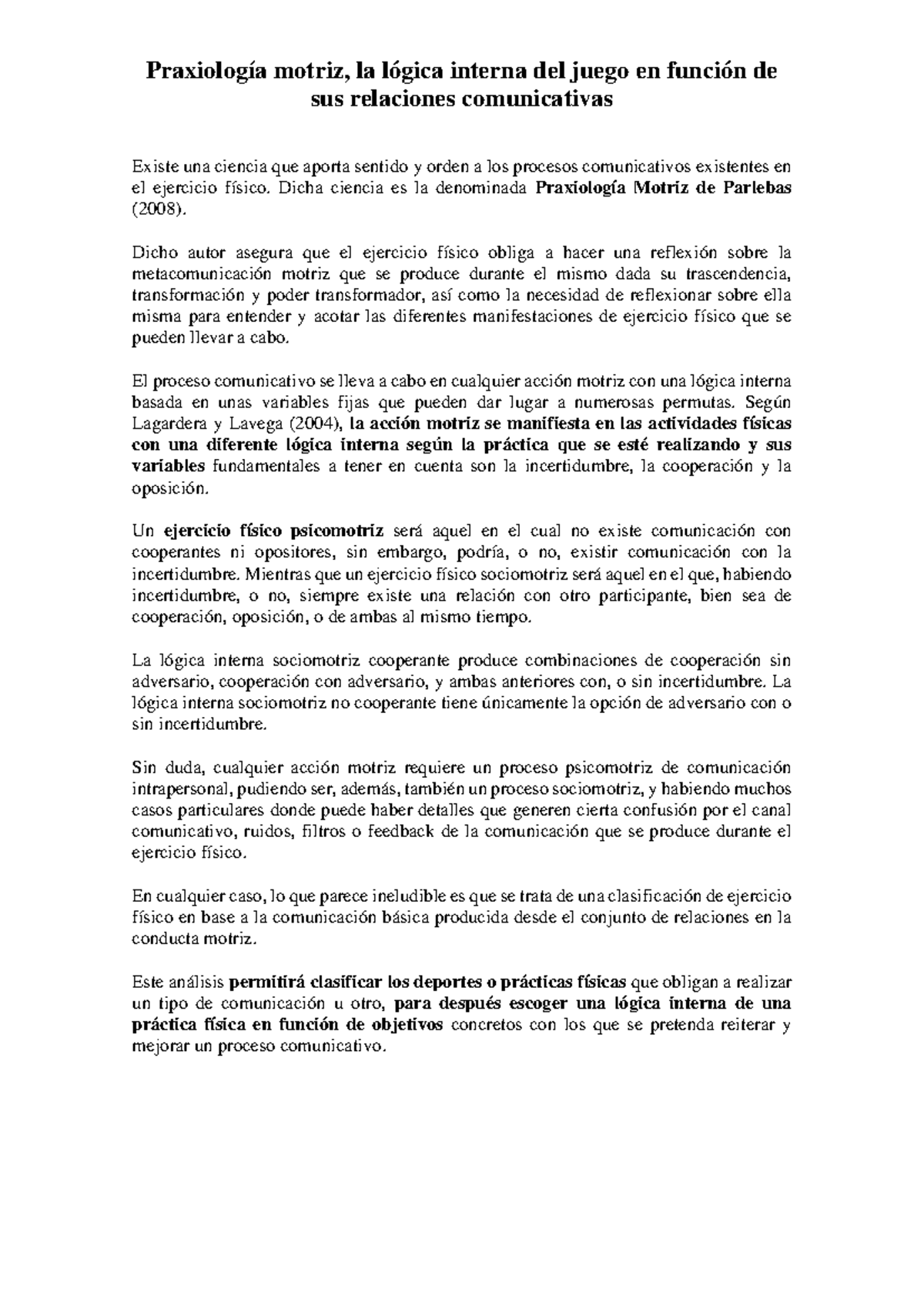 Praxiología Motriz: Lógica Interna del Juego y Comunicación Física ...