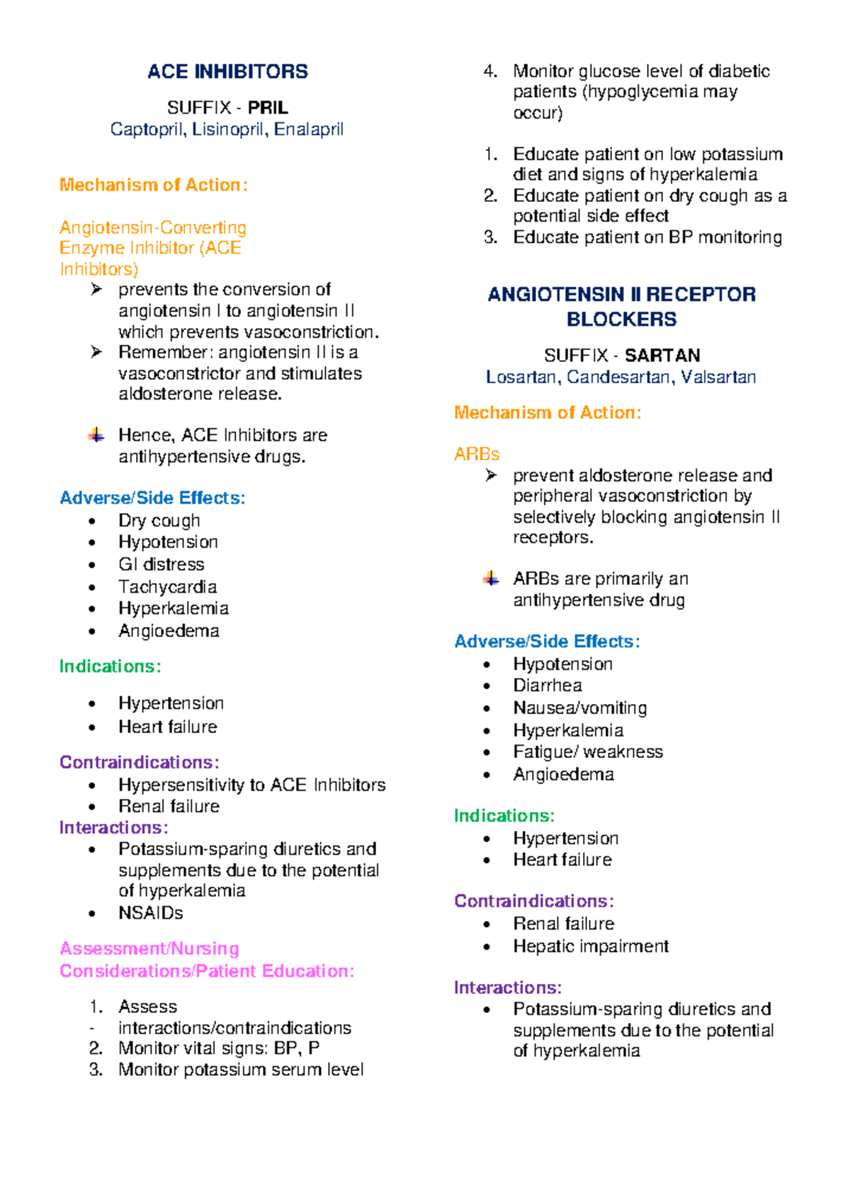 Pharmacology Notes: ACE Inhibitors, ARBs, and Diuretics Overview - Studocu