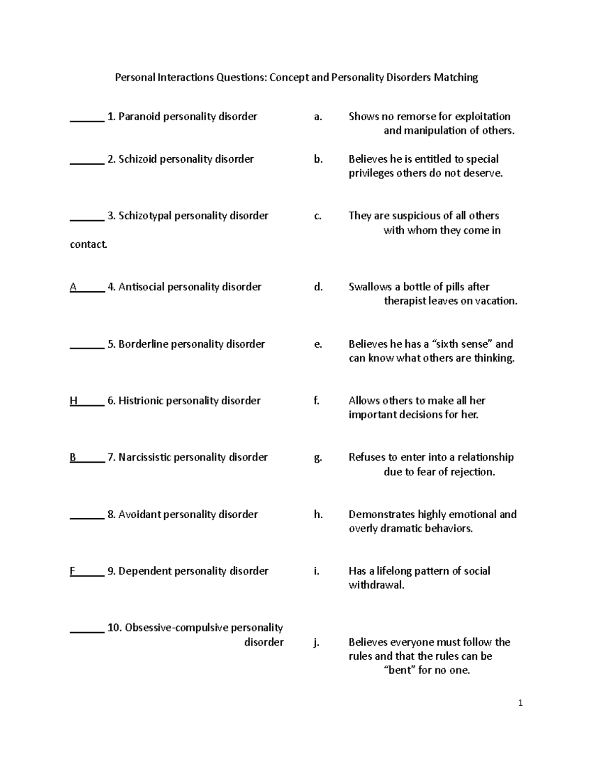 Personality Quiz - Personal Interactions Questions: Concept and ...