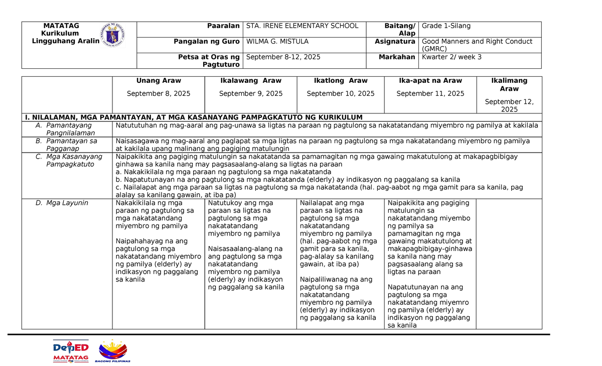 GMRC 1 Lesson Plan: Good Manners and Right Conduct (September 2025 ...