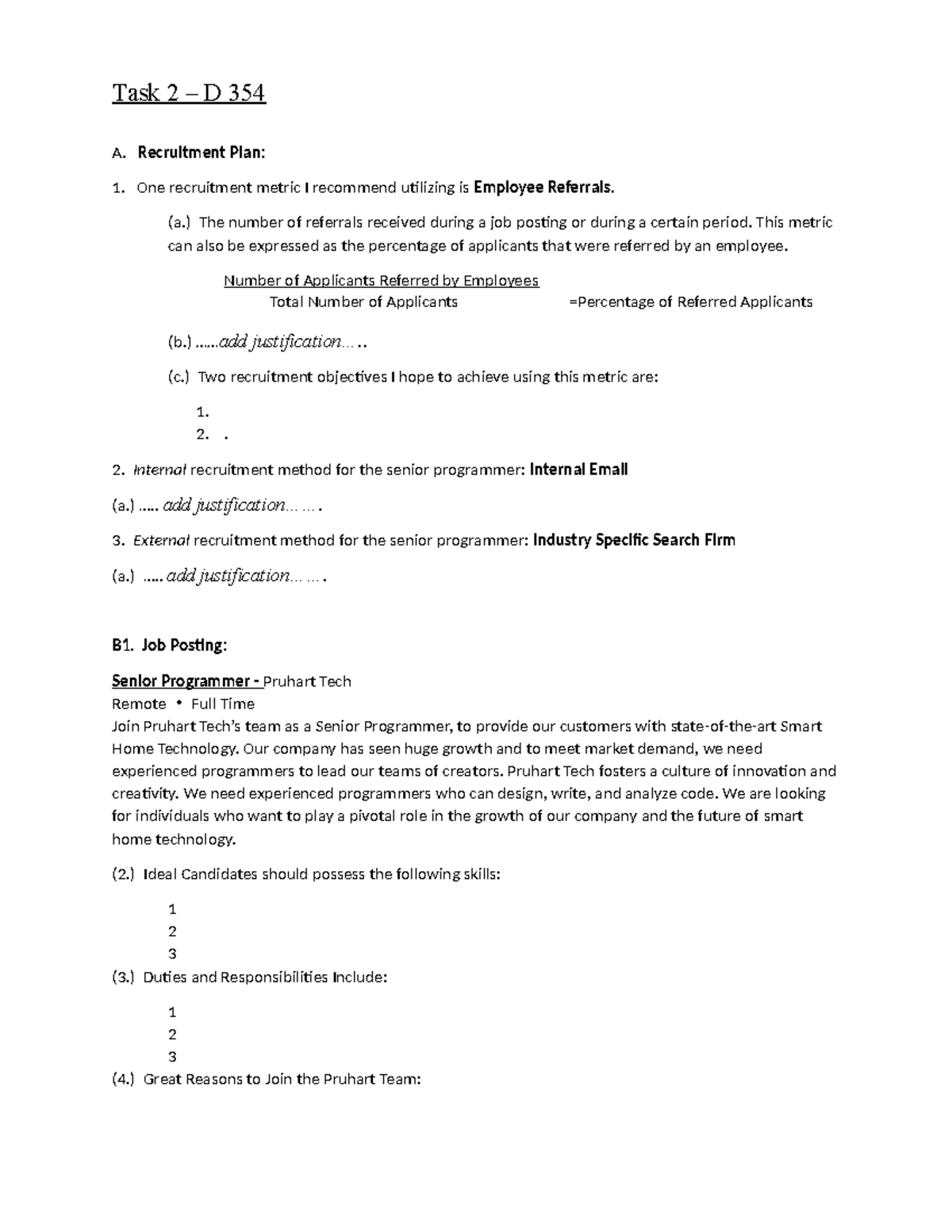 D354 Task 2 - Recruitment Plan Outline and Strategies - Studocu
