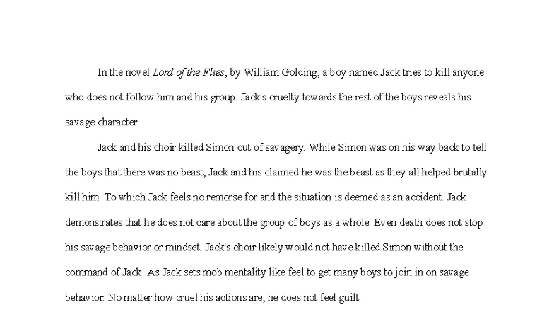 Lord of the Flies: Analyzing Jack's Savage Character - Impromptu Essay ...