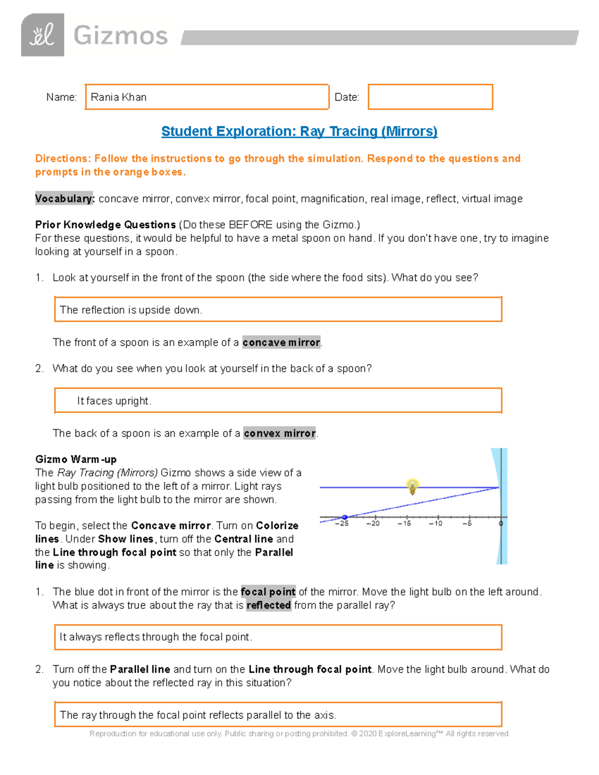 Ray Tracing Mirrors Gizmo Exploration - Rania Khan - Studocu