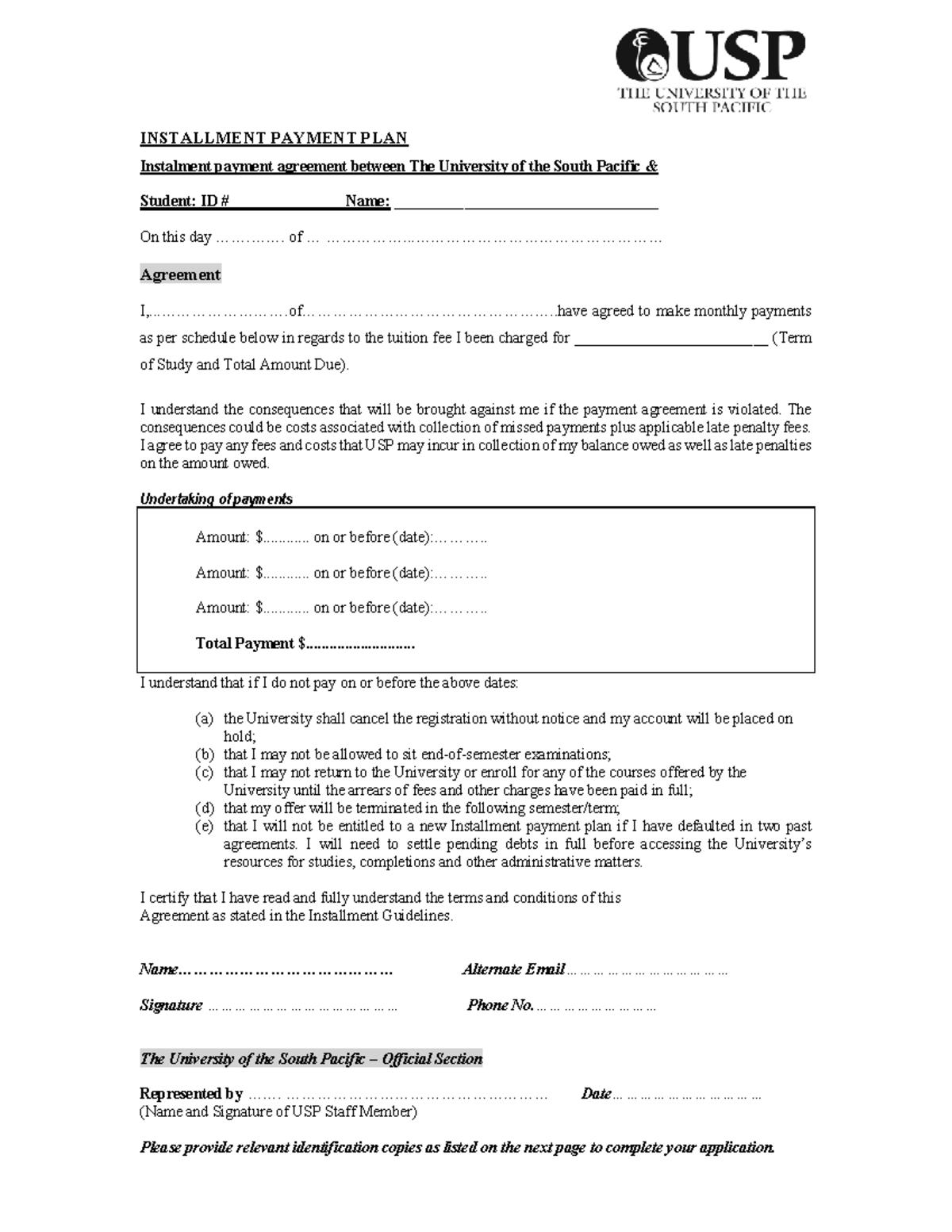 INSTALLMENT PAYMENT PLAN Agreement for USP Students - Studocu