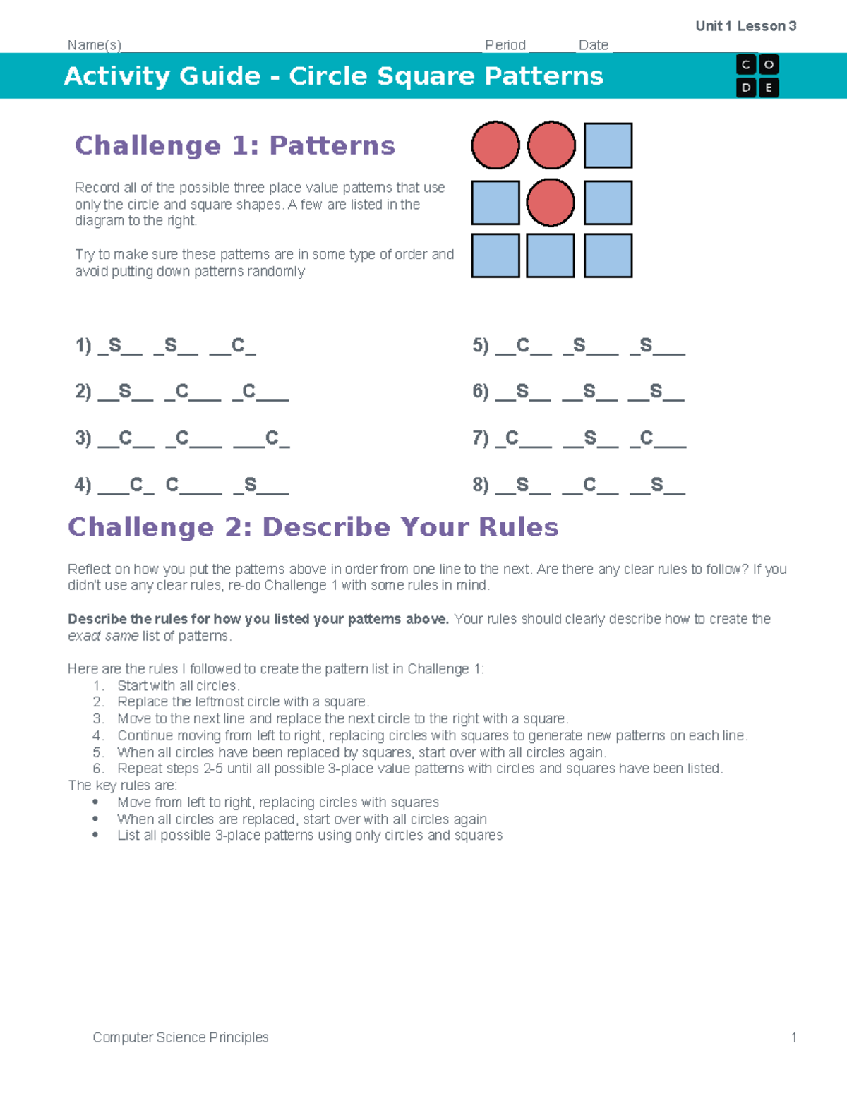 Circle and Square Patterns - CSP 1 Unit 1 Lesson 3 Activity Guide - Studocu