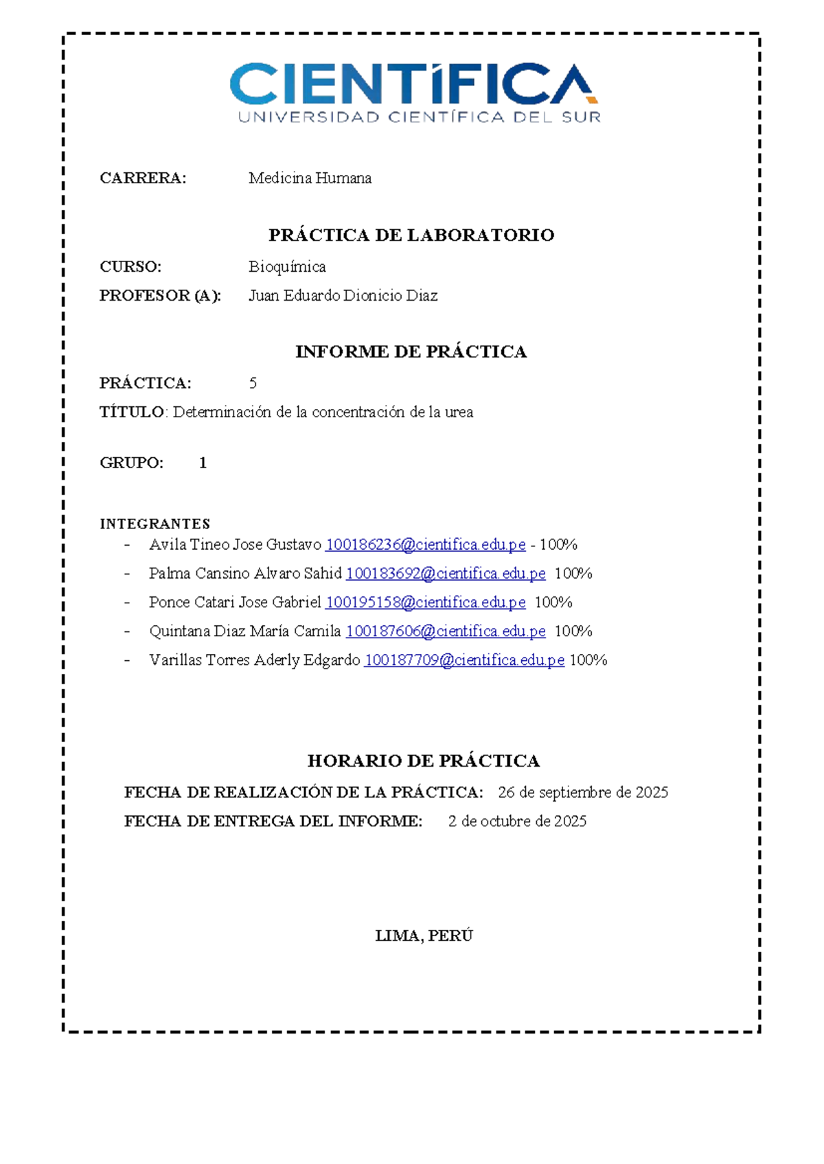 Informe de Práctica 5: Determinación de Urea - Bioquímica CARRERA ...