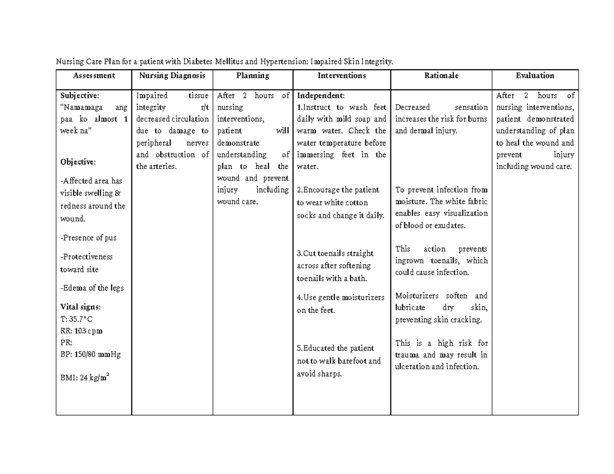 Nursing Care Plan for Impaired Skin Integrity in DM & HTN - Studocu