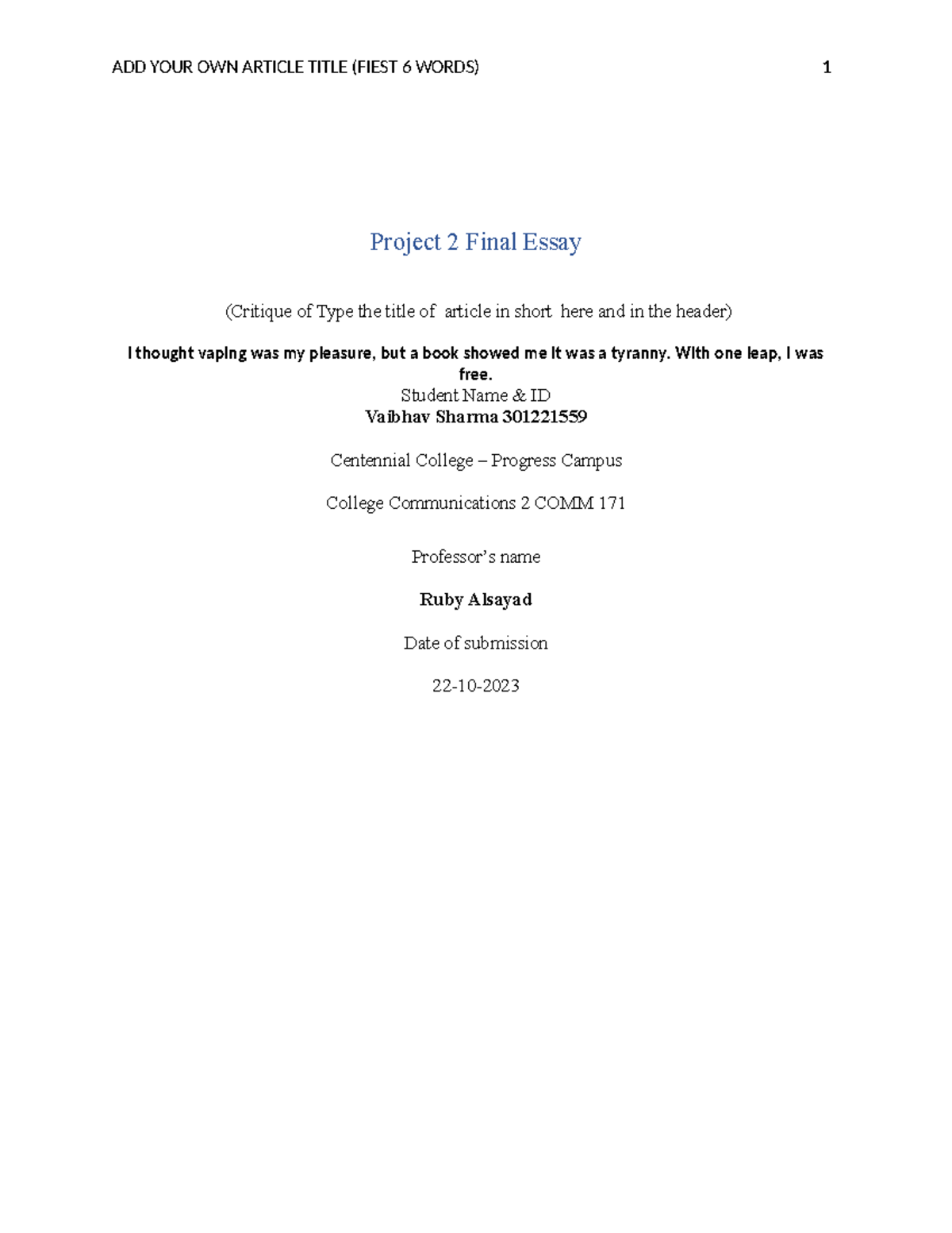 COMM 171 Project 2 Final Essay: Vaping Addiction and Freedom - Studocu