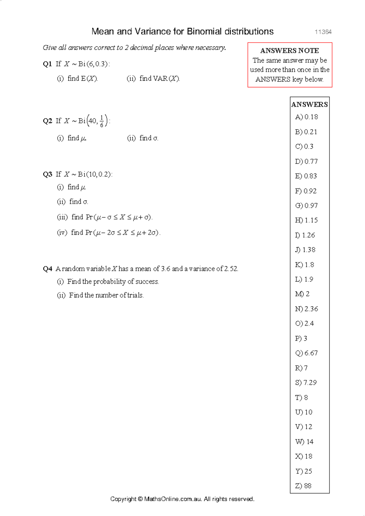 Mean and Variance for Binomial Distributions (Worksheet) - Studocu