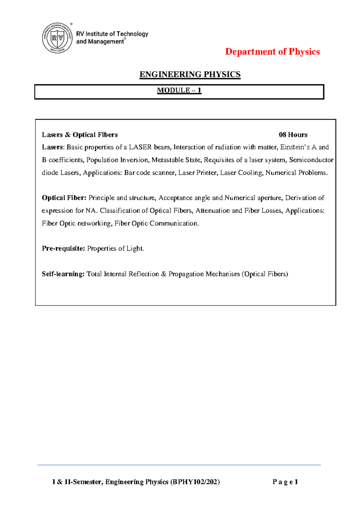 Module 1: Lasers & Optical Fibers - Engineering Physics (SSR) - Studocu
