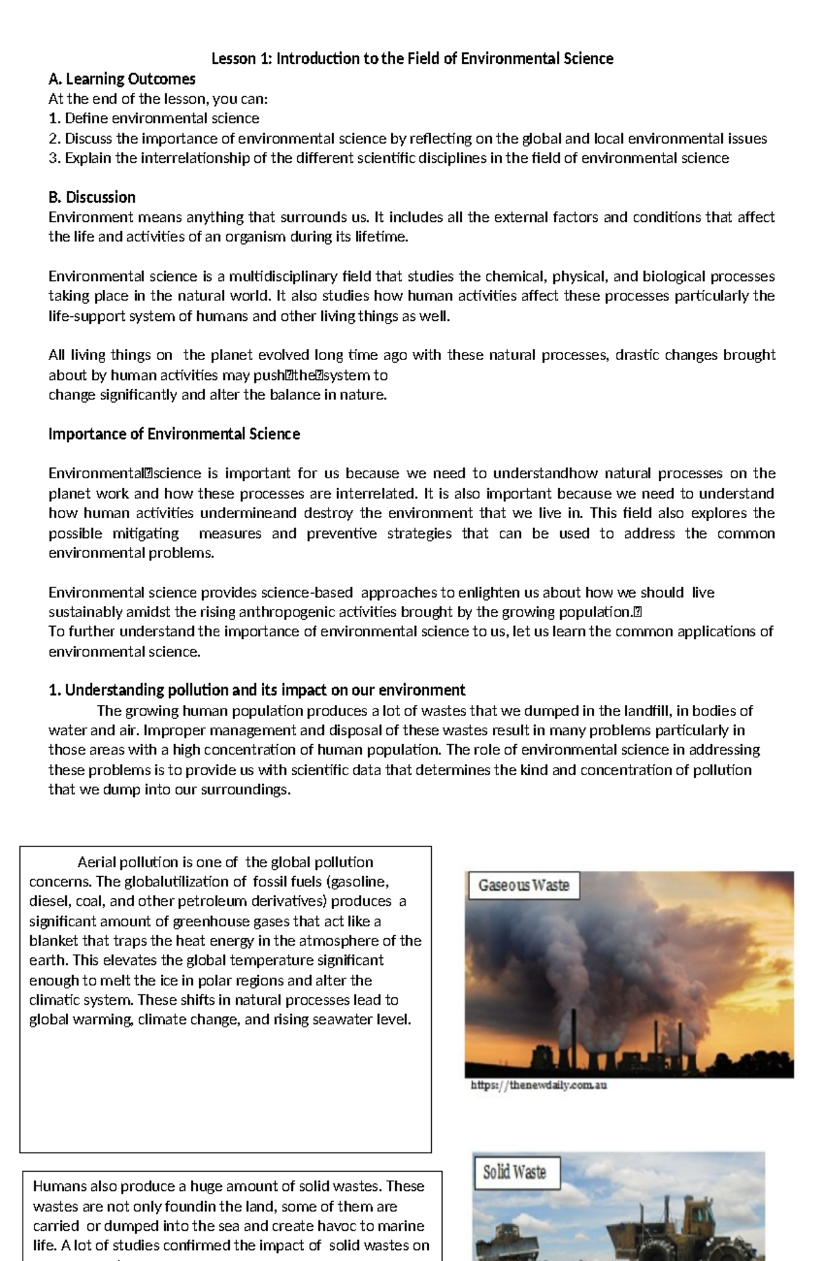 Lesson 1: Intro to Environmental Science and Its Importance - Studocu