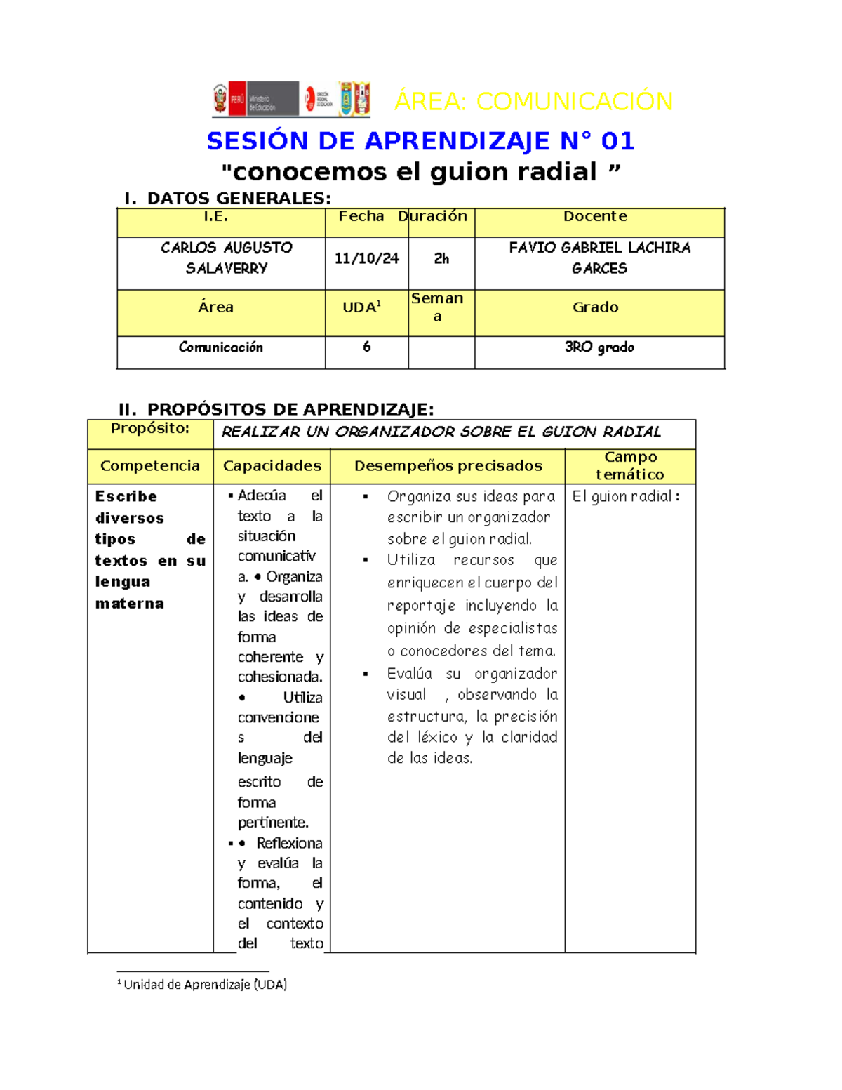 Comunicación 6: Sesión de Aprendizaje sobre el Guion Radial - Studocu