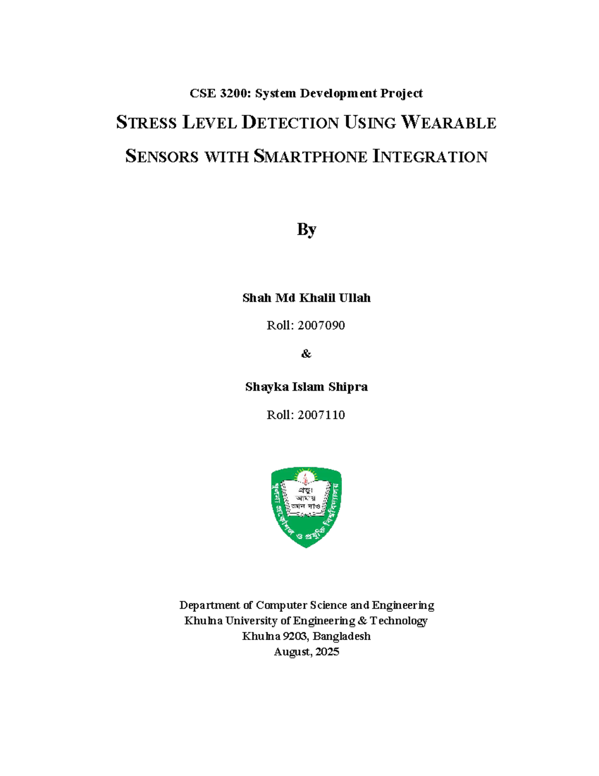 Front Page - good - Software Engineering - CSE 3200: System Development Project STRESS LEVEL ...
