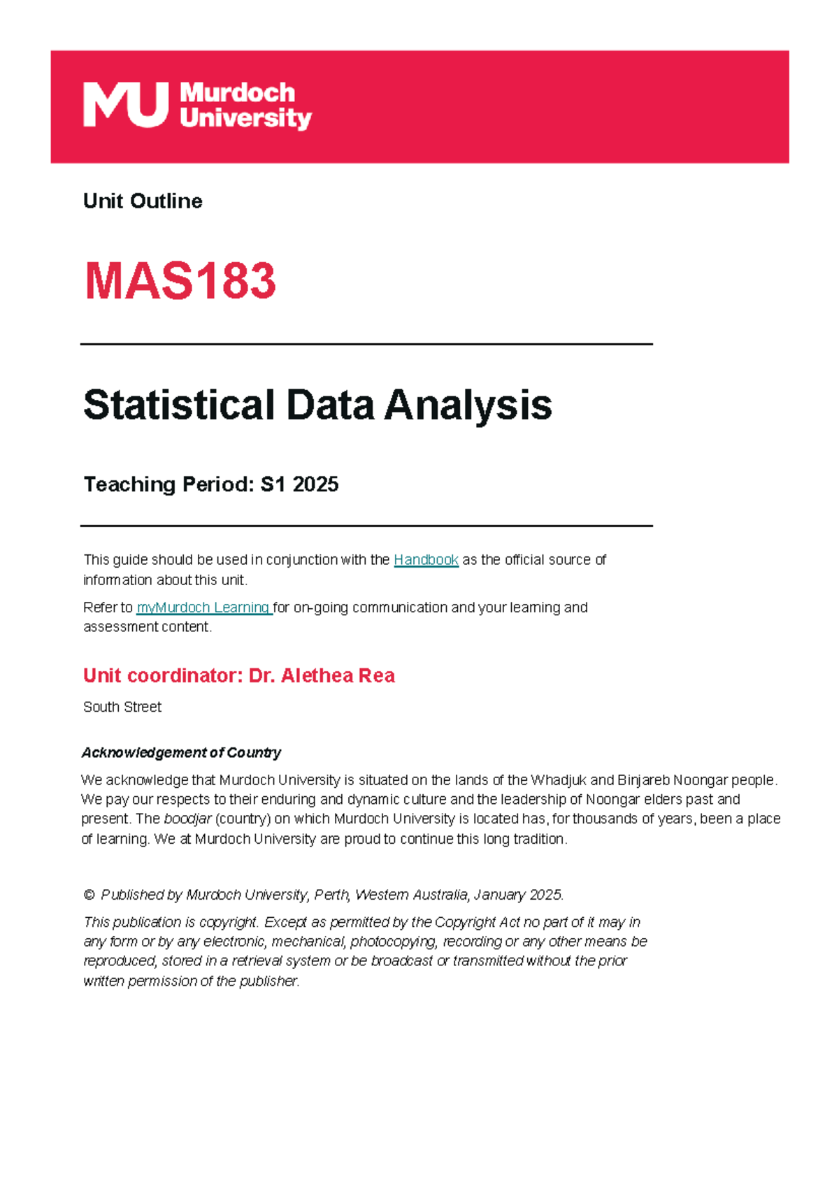 MAS183 Unit Outline: Statistical Data Analysis S1 2025 Guide - Studocu