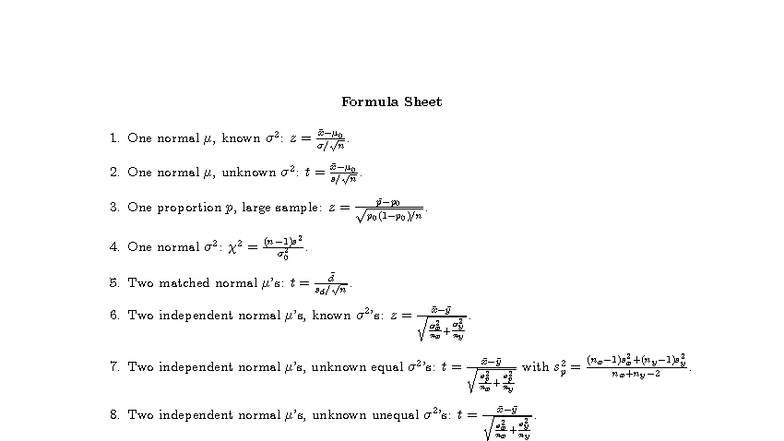 Formula Sheet for Final Exam: Statistical Methods and Tests - Studocu