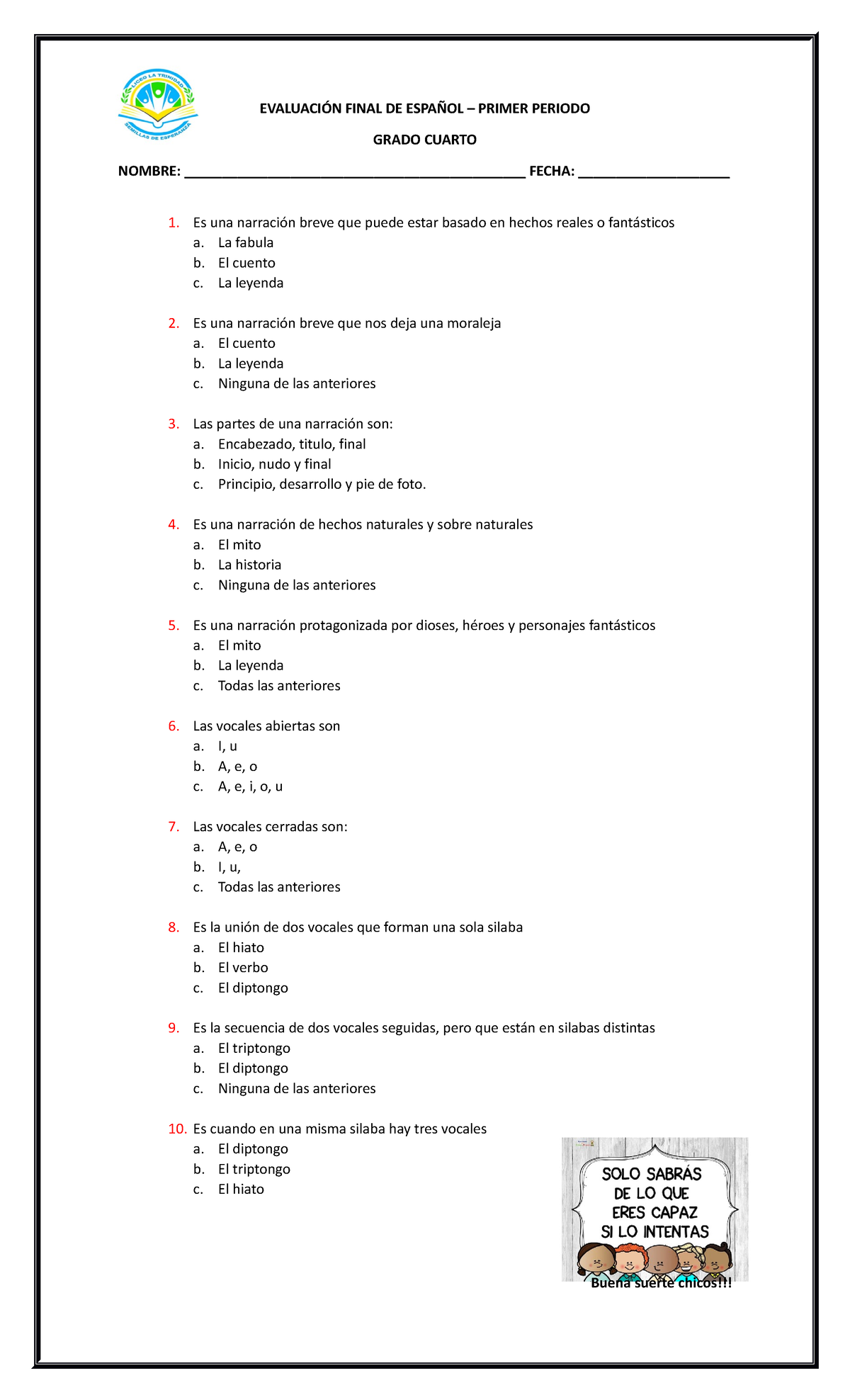 Evaluación Final de Español - 4to Grado - Primer Período - Studocu