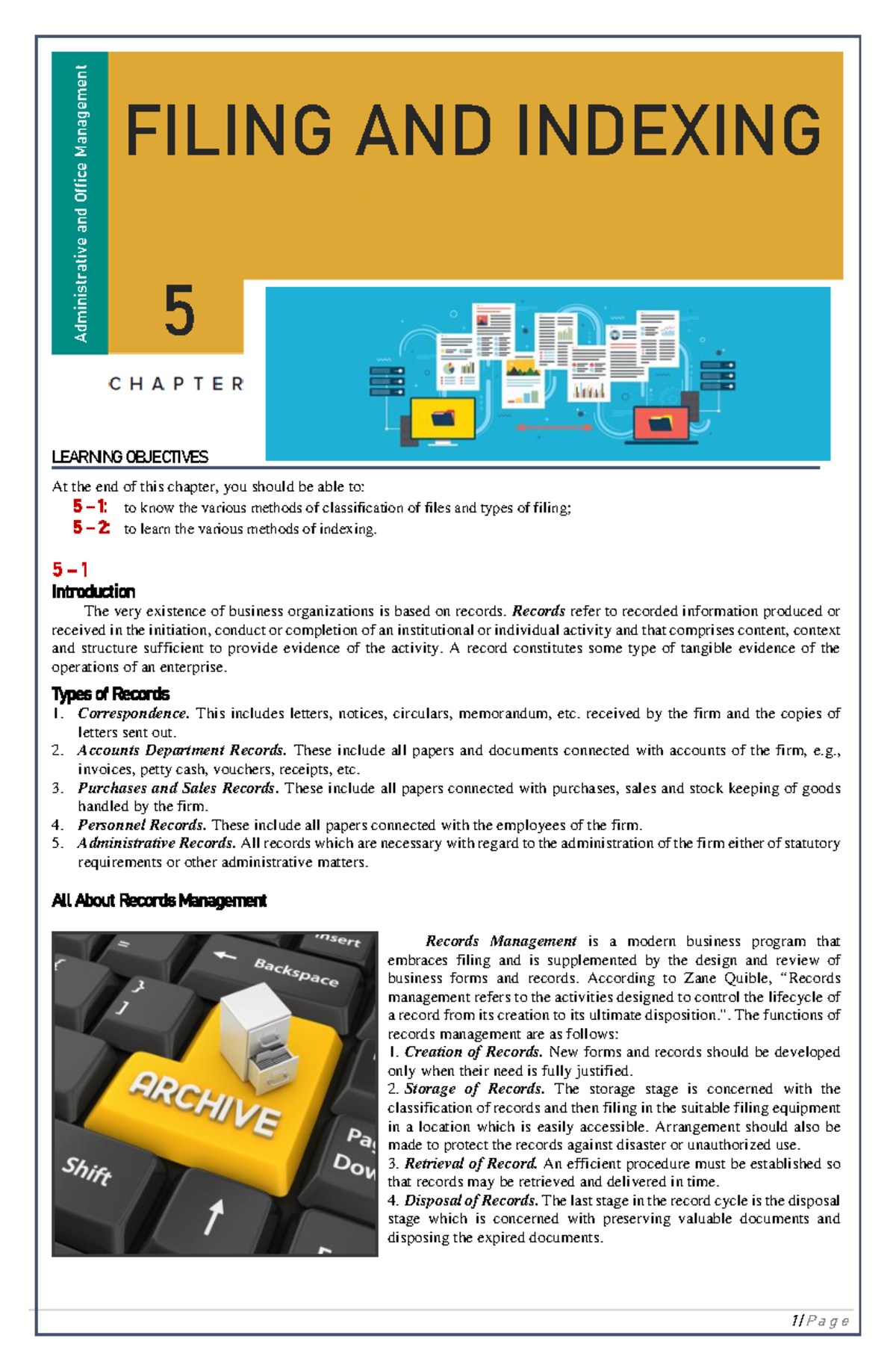 Module 5 Filing and Indexing - 1 | P a g e LEARNING OBJECTIVES At the ...