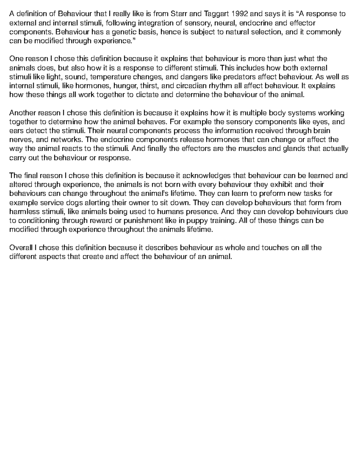Understanding Animal Behavior: Insights from Starr and Taggart 1992 ...