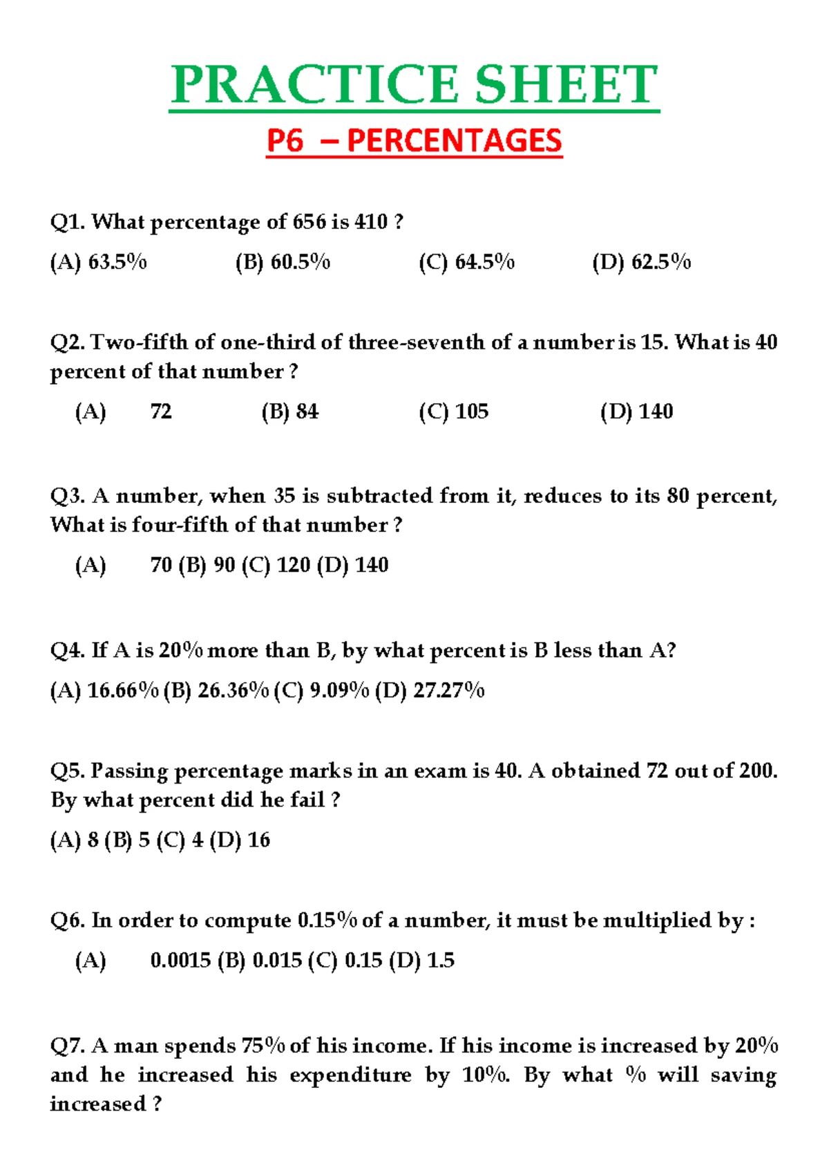 P7 - Practice Sheet on Profit, Loss & Discount Concepts - Studocu