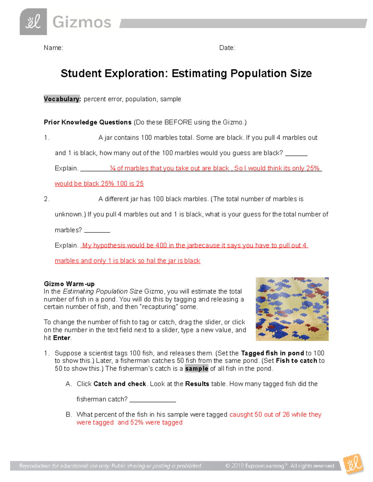 Estimating Population Size - Name: Date: Student Exploration ...