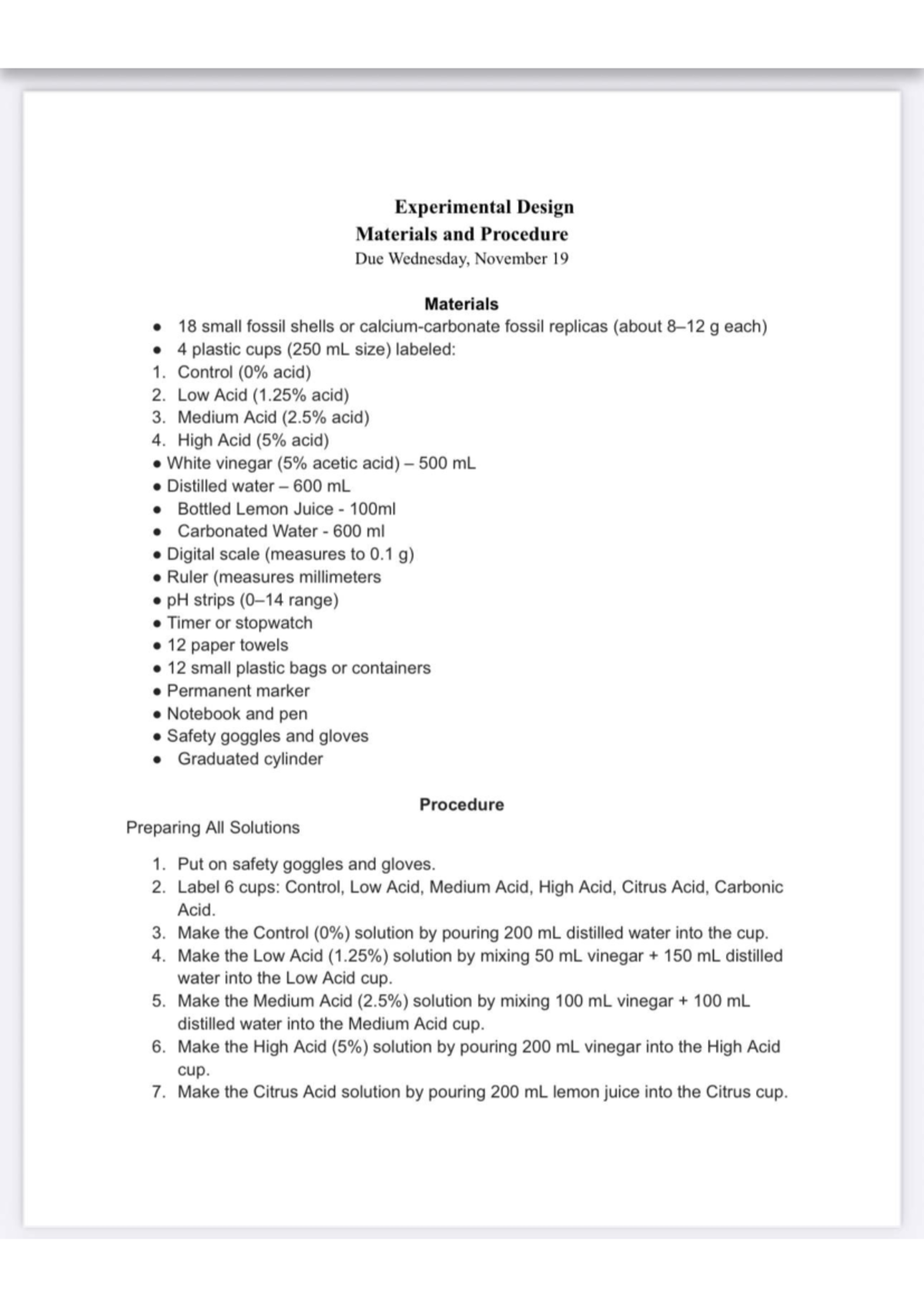 Experimental Design: Materials & Procedure for Acid Solutions - Studocu