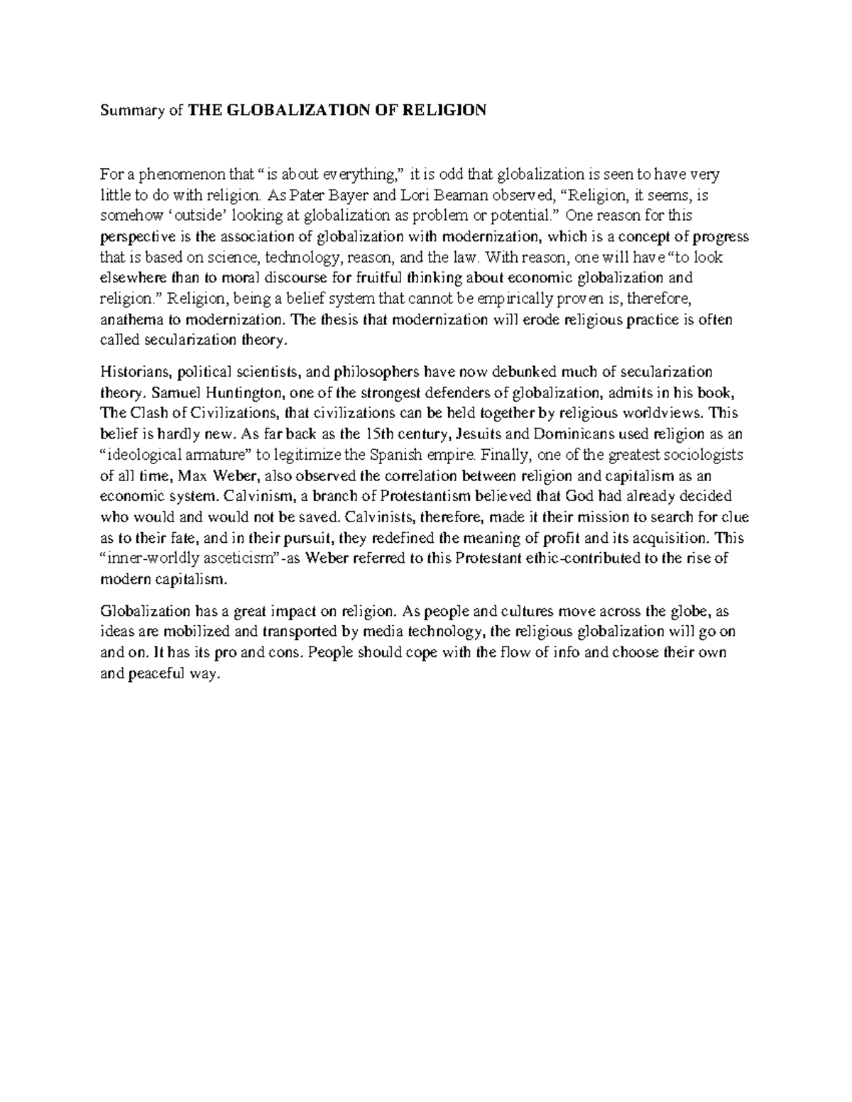 Summary of Globalization and Religion's Impact on Society - Studocu
