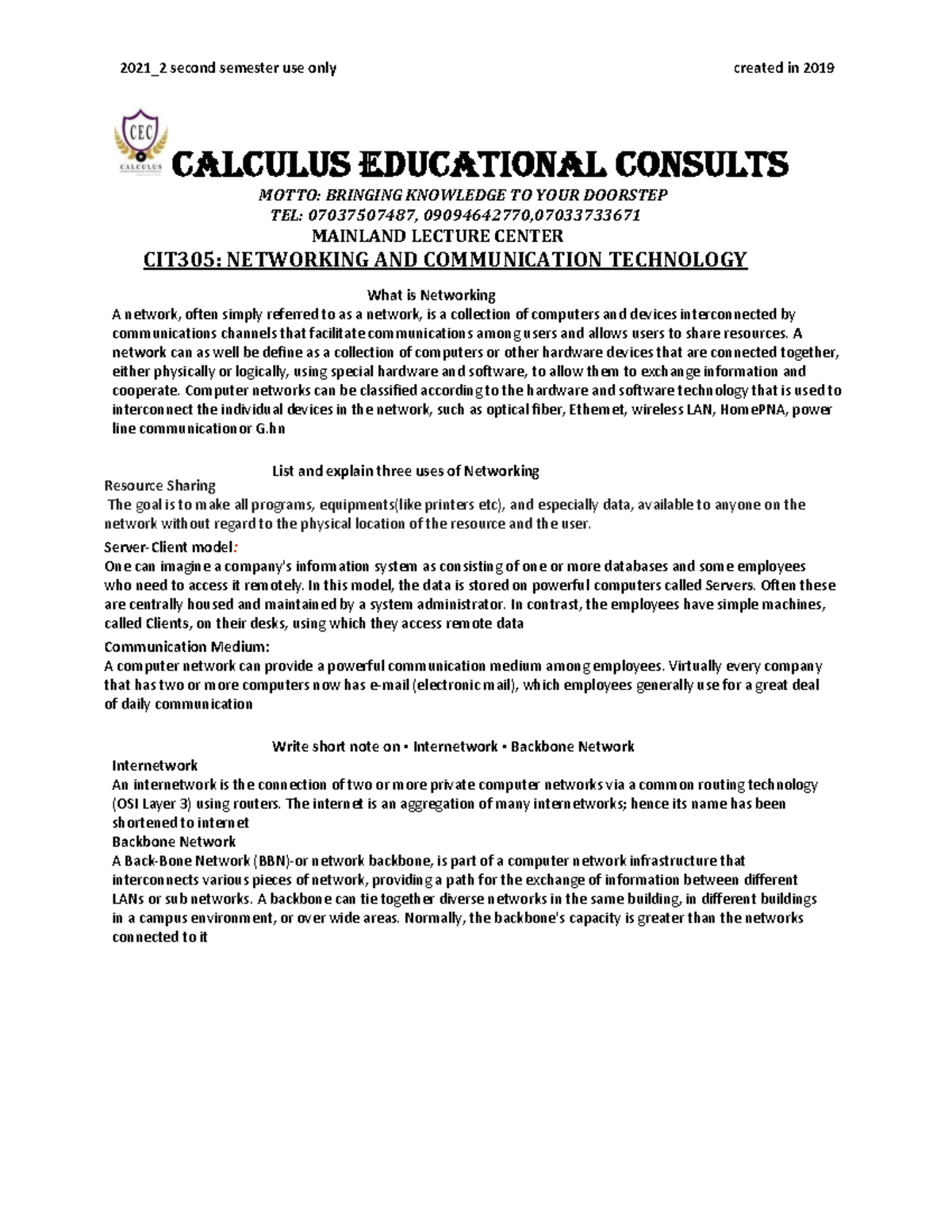 CIT305: Networking and Communication Technology Lecture Notes 2021_2 ...