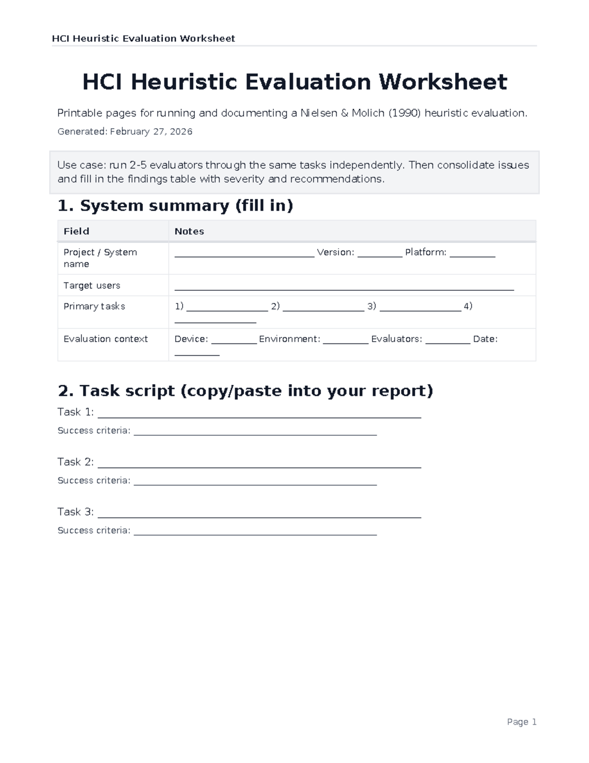 HCI 101 Heuristic Evaluation Worksheet for Usability Testing - Studocu