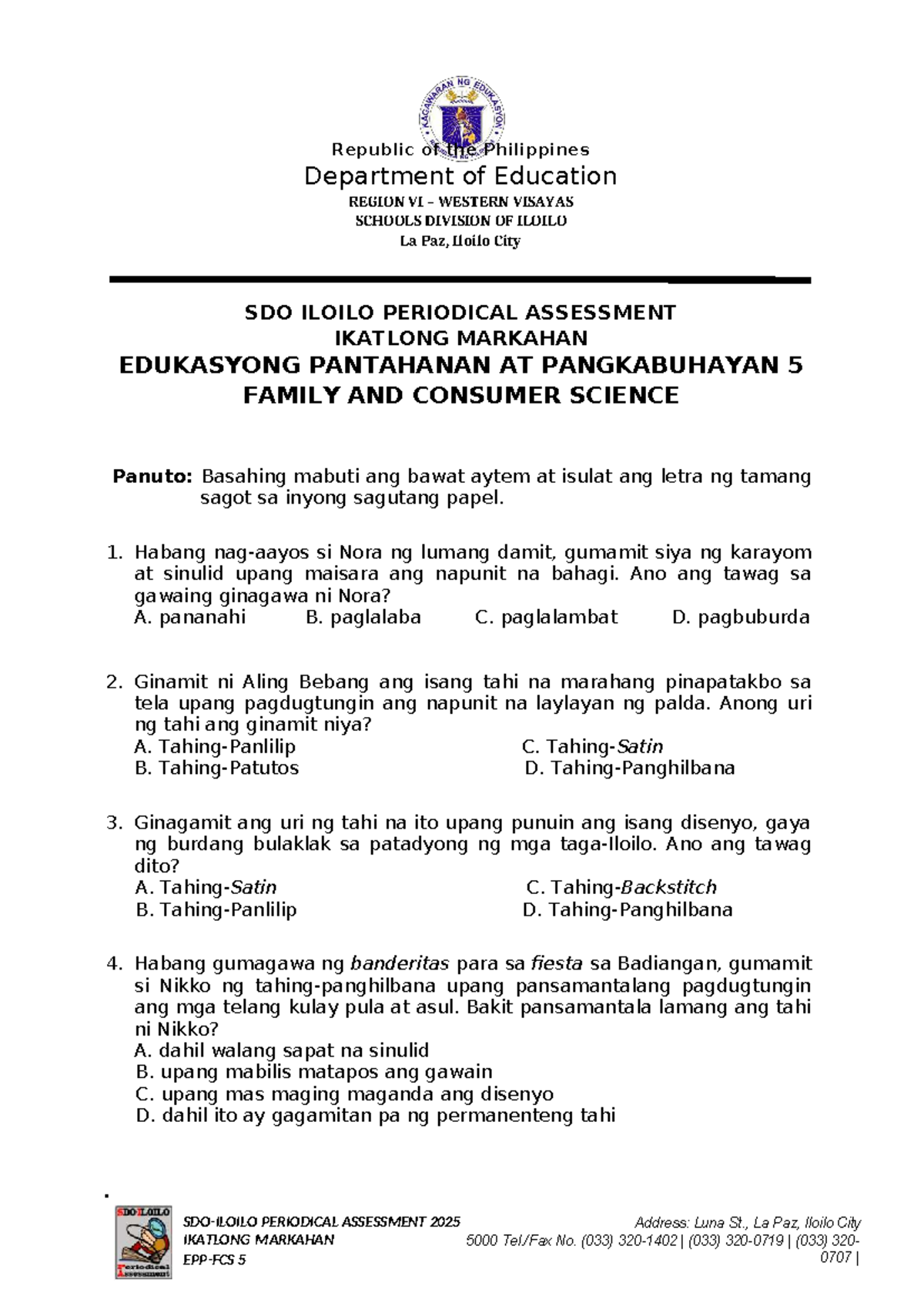 EPP 5 Q3 Periodical Assessment in Family and Consumer Science - Studocu