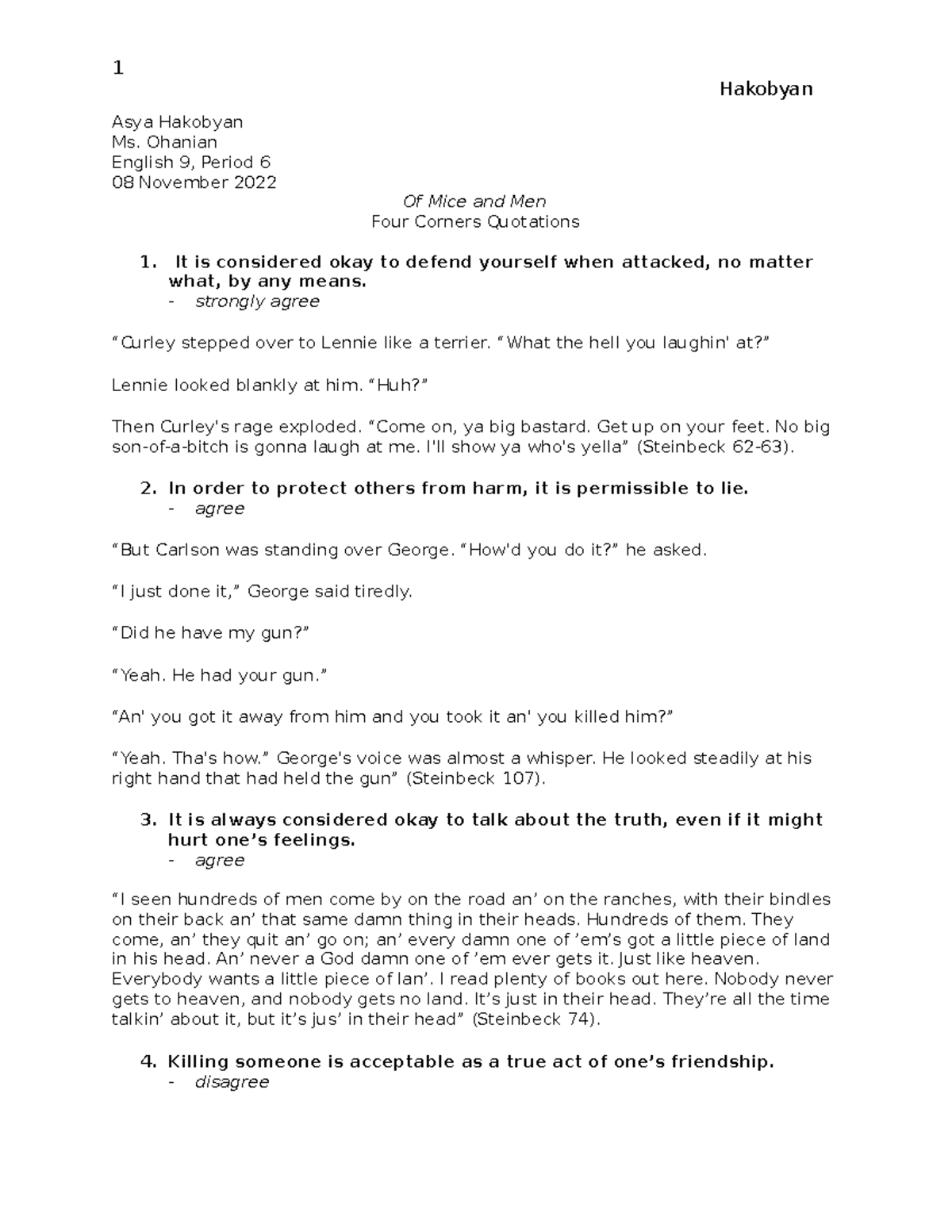 OMAM Theme Quotations Analysis: Key Quotes from "Of Mice and Men" - Studocu