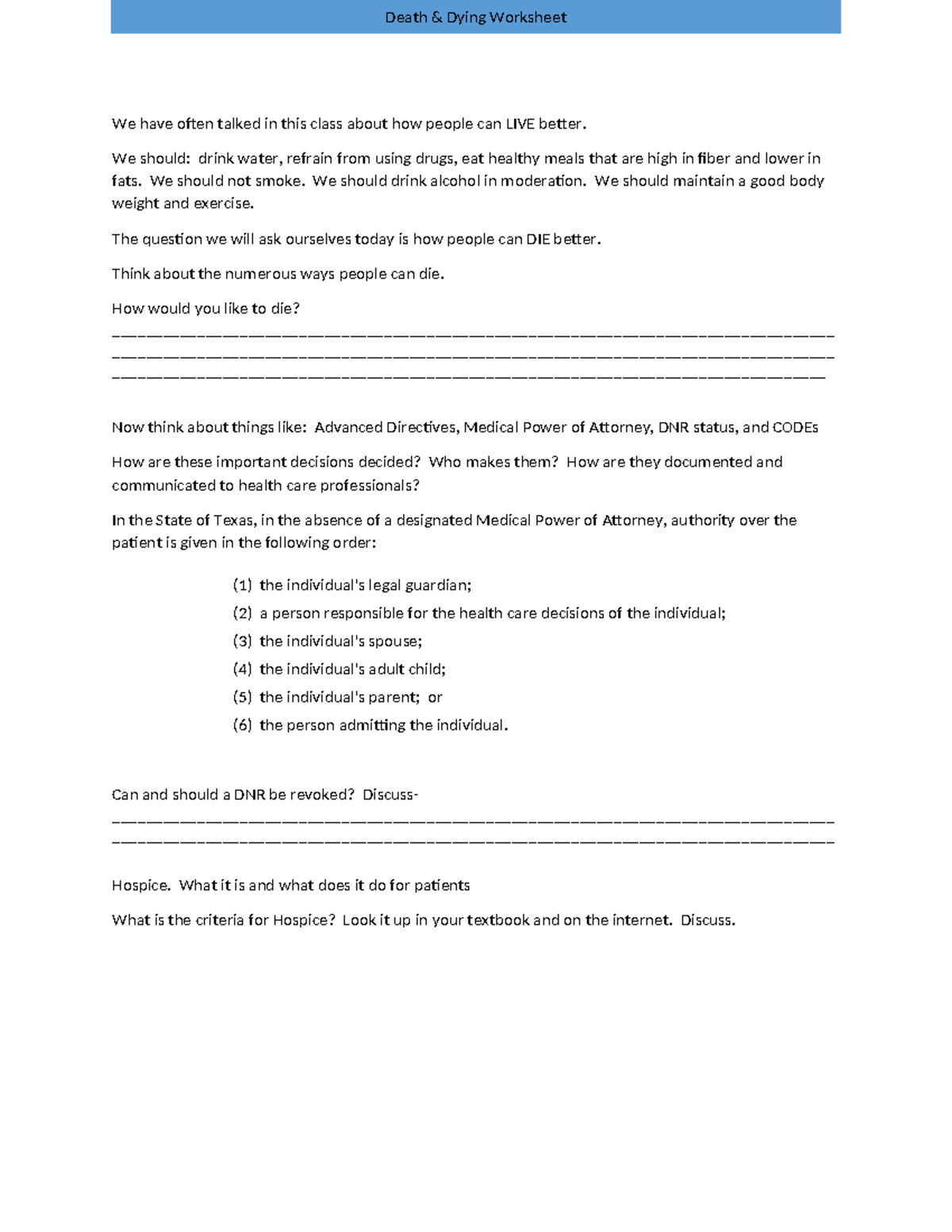 Death and Dying Worksheet: Improving Quality of Life (Course Code: EOL ...