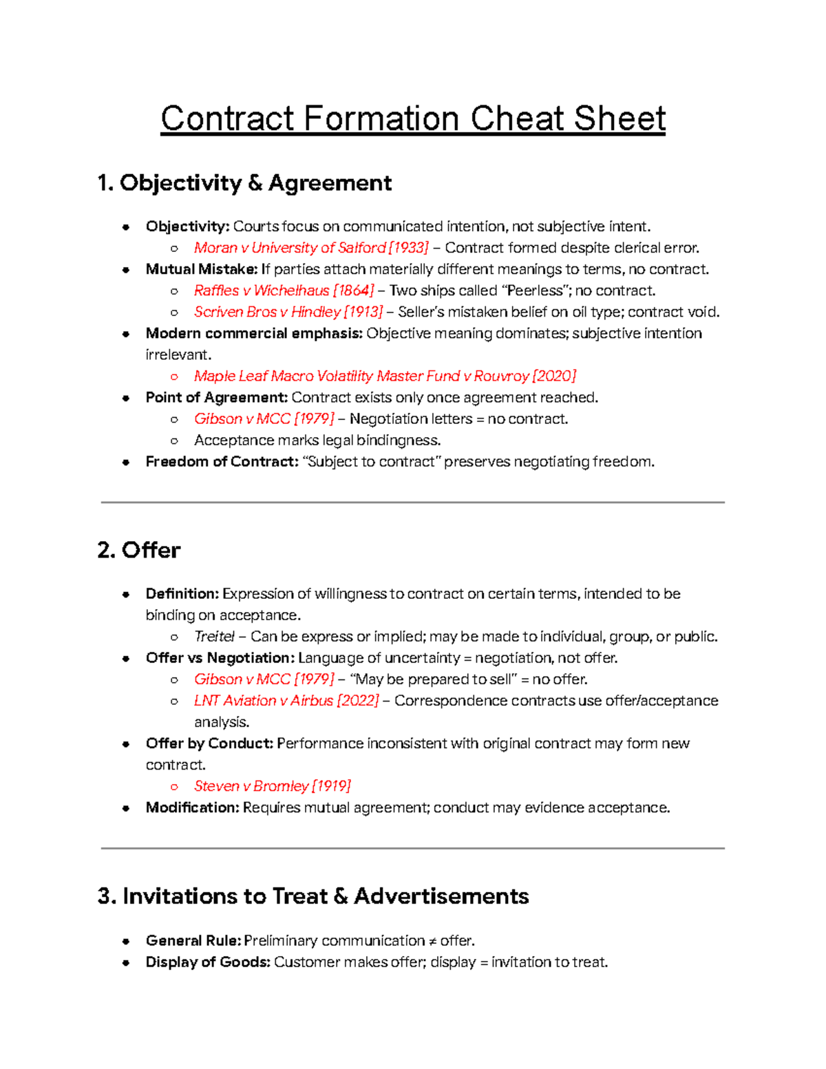 Contract Formation Cheat Sheet: Key Principles & Cases - Studocu