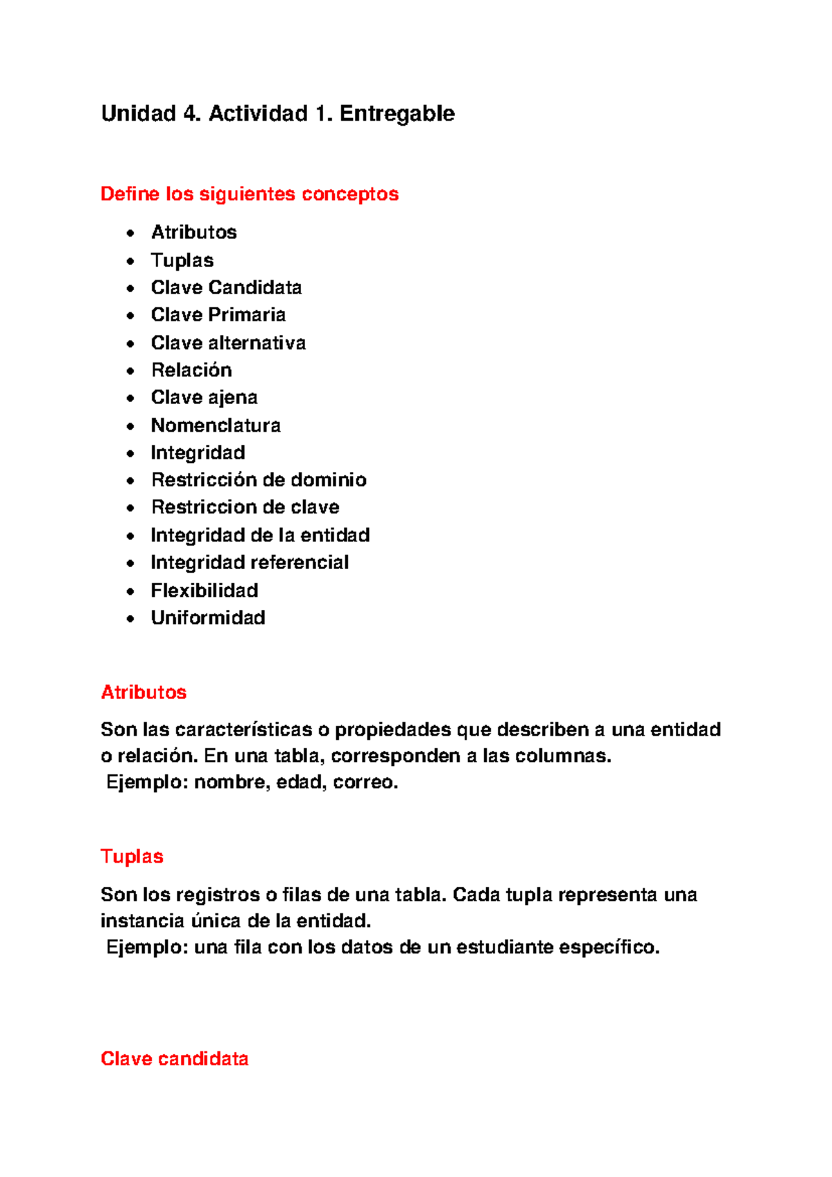 Unidad 4: Definición de Conceptos Clave en Bases de Datos - Studocu