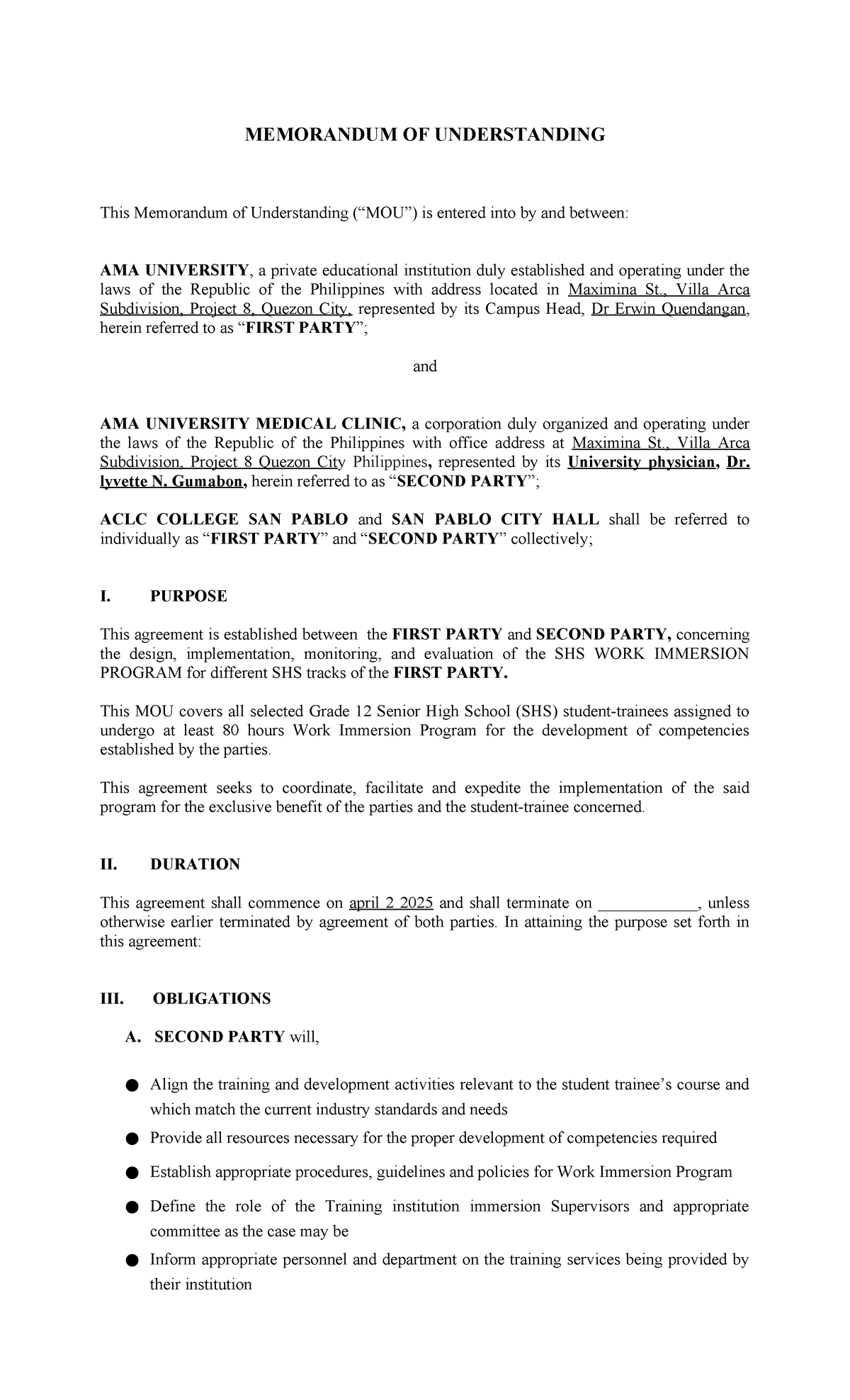 SHS Work Immersion Program MOU - AMA University & ACLC College - Studocu