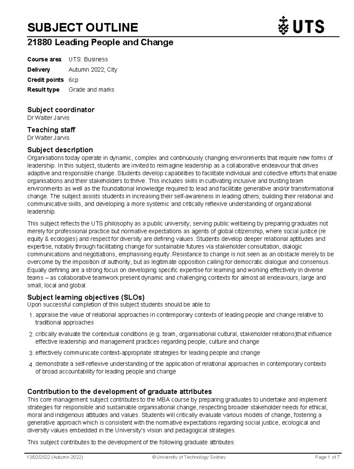 Subject Outline 21880 Leading People and Change - SUBJECT OUTLINE 21880 ...