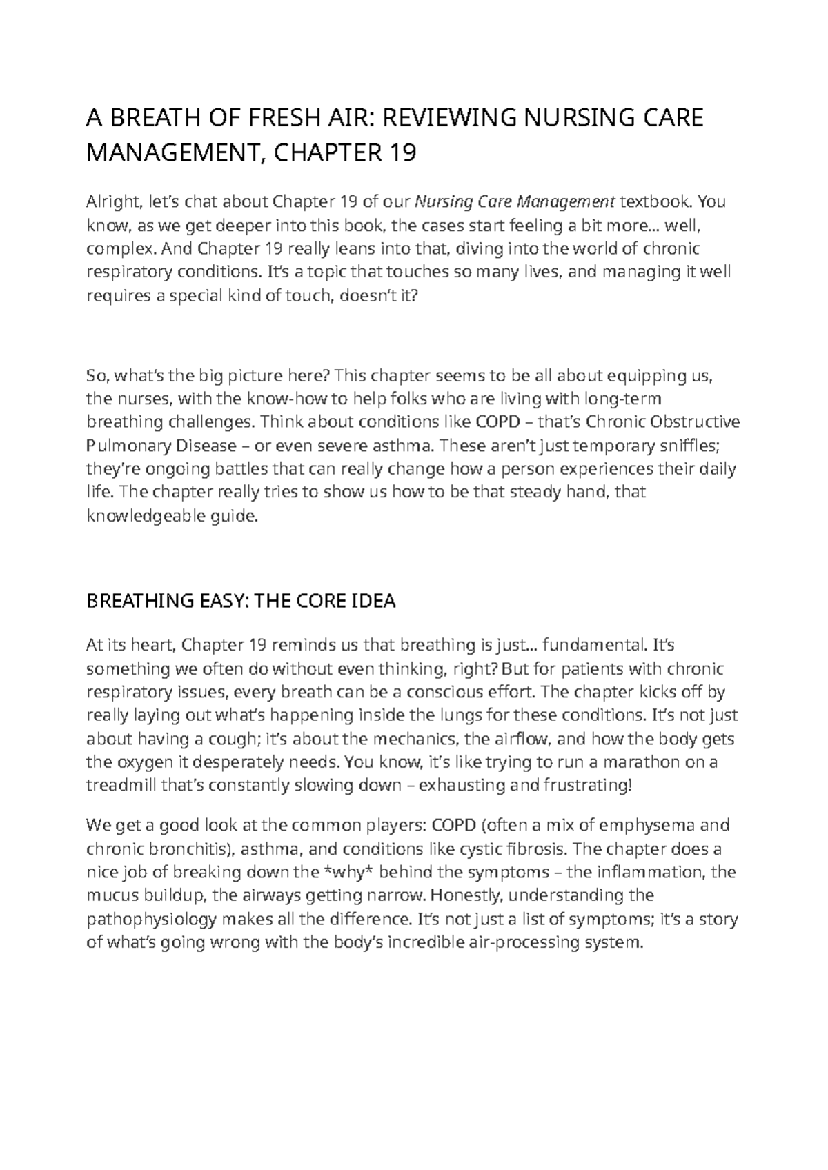 Nursing Care Management (NCM 101): Chapter 19 Review on Respiratory Care - Studocu