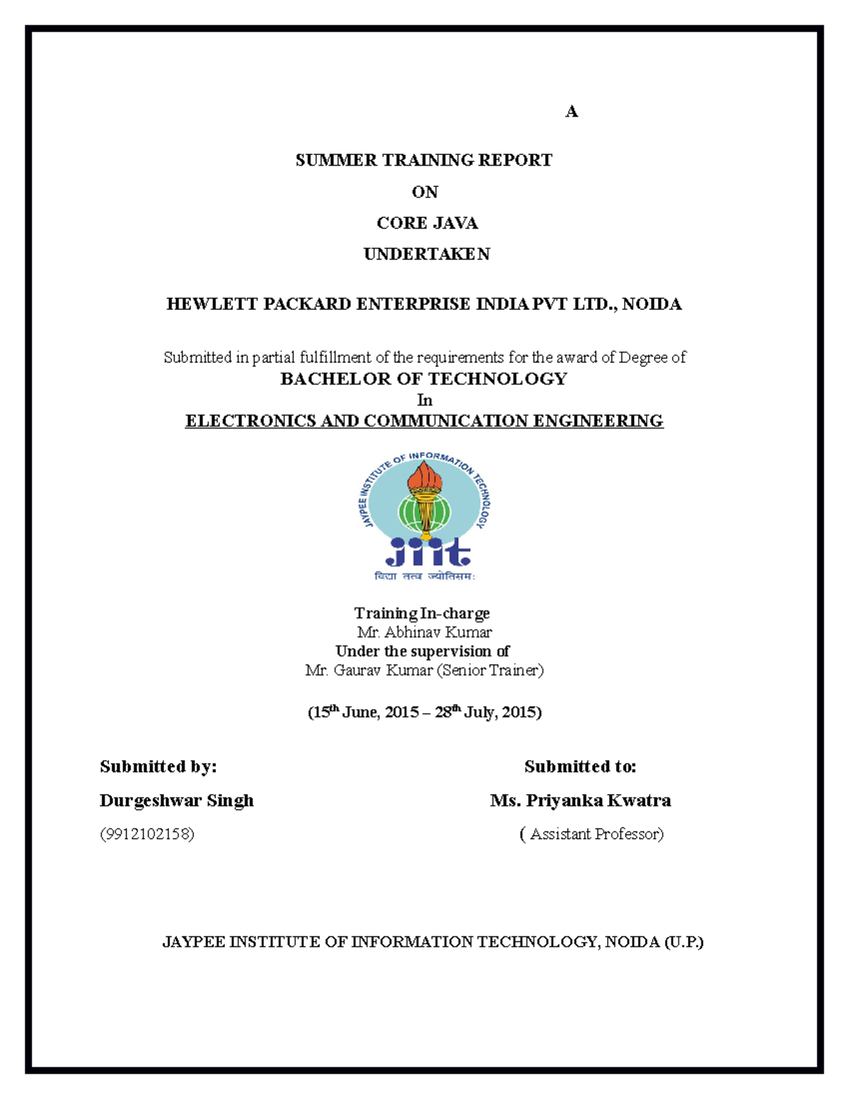 Summer Training Report on Core Java at HP Enterprise (B.Tech ECE) - Studocu