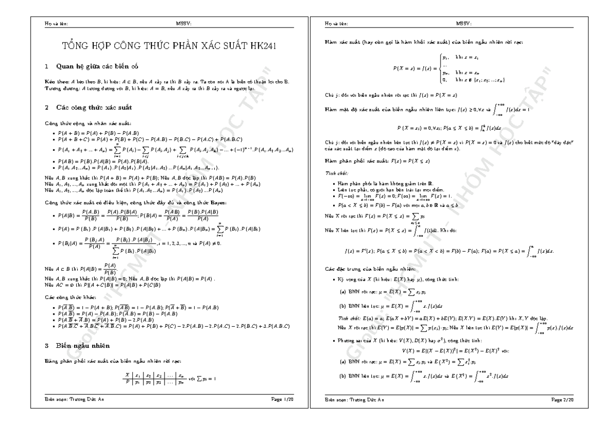 CK241 - Công thức - XSTK HCMUT - Group: "HCMUT - NHÓM H ≈ C T ä P" T NG H—P CÔNG THŸC PHÜN - Studocu