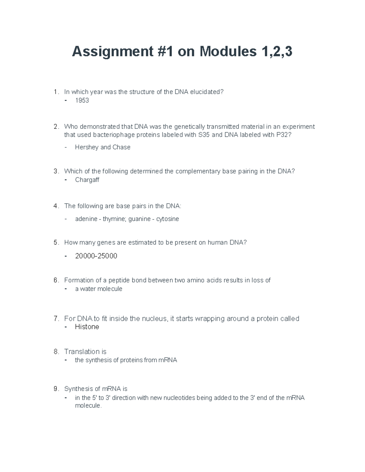 Assignment #1: DNA Structure and Functions (Modules 1-3) - Studocu
