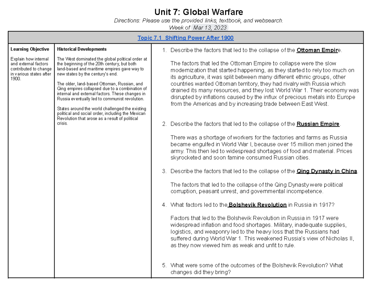 GH AP World History Unit 7 - Unit 7: Global Warfare Directions: Please ...