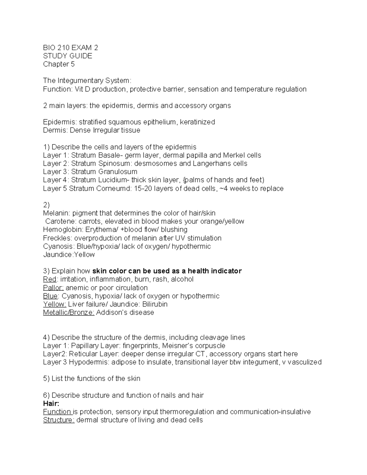 BIO 210 EXAM 2 STUDY GUIDE: Integumentary System & Bone Structure - Studocu