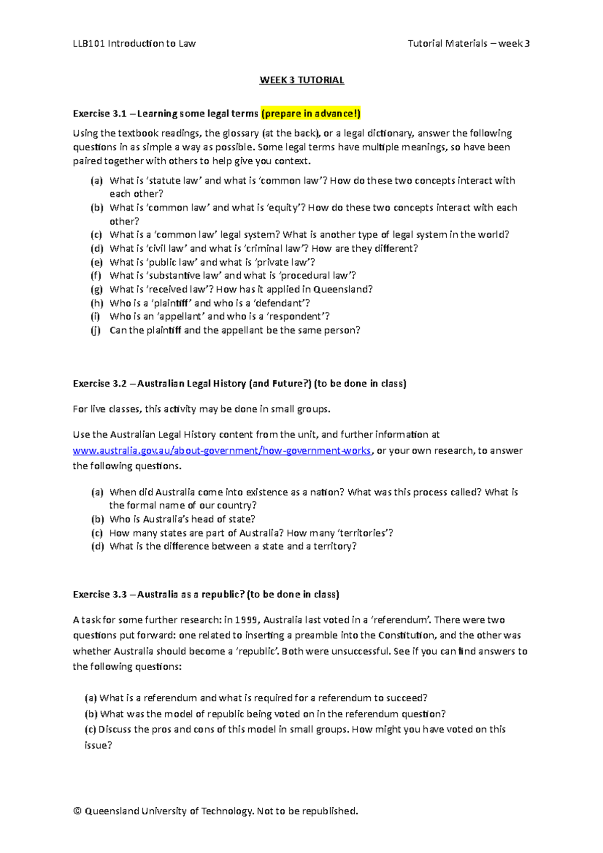 WEEK 3 Tutorial - LLB101 Introduction to Law Tutorial Materials – week ...