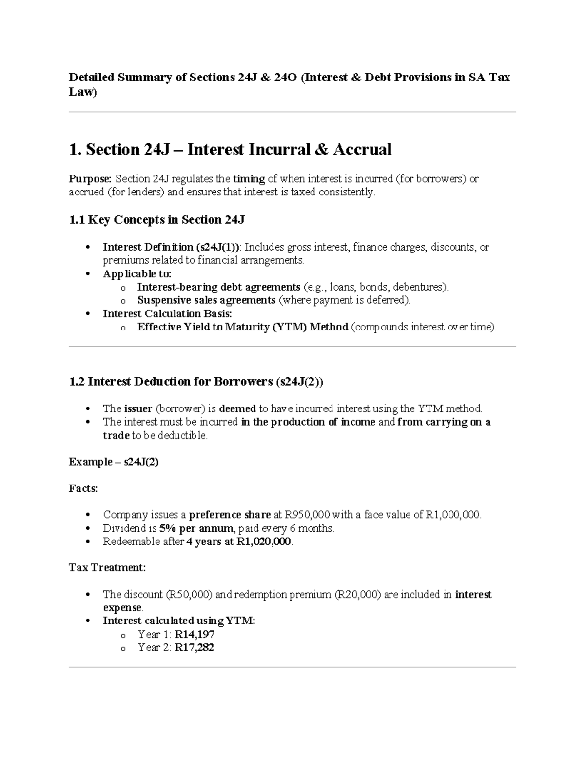 Detailed Summary of Sections 24J & 24O (Taxation Provisions) - Studocu