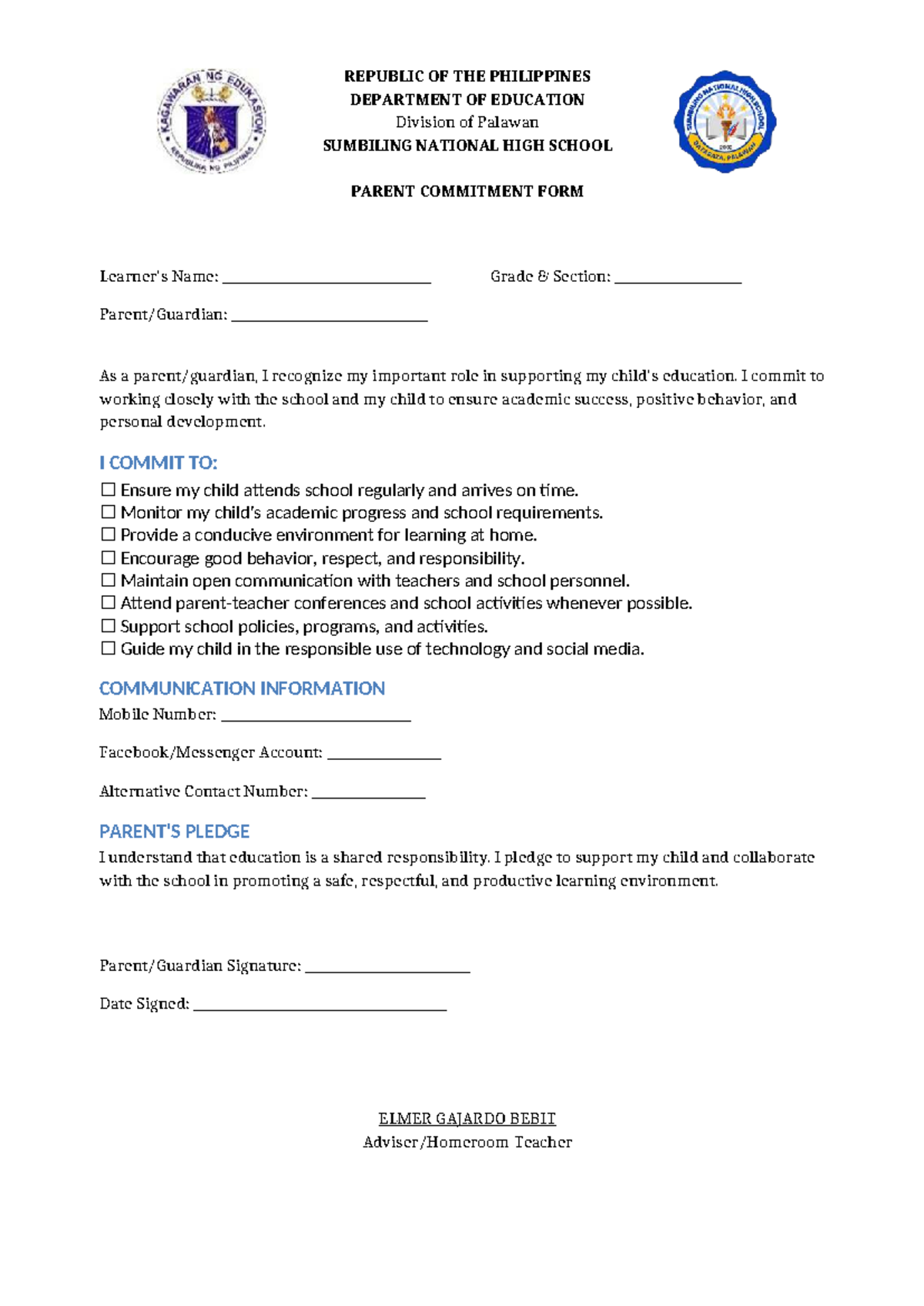 DepEd Parent Commitment Form - Sumbiling National HS - Studocu