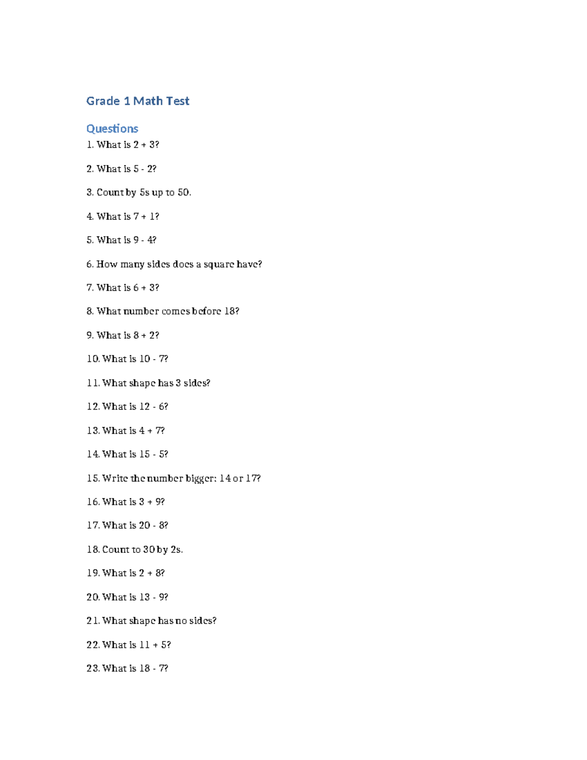 Grade 1 Math Test Questions - 50 Items for Review - Studocu